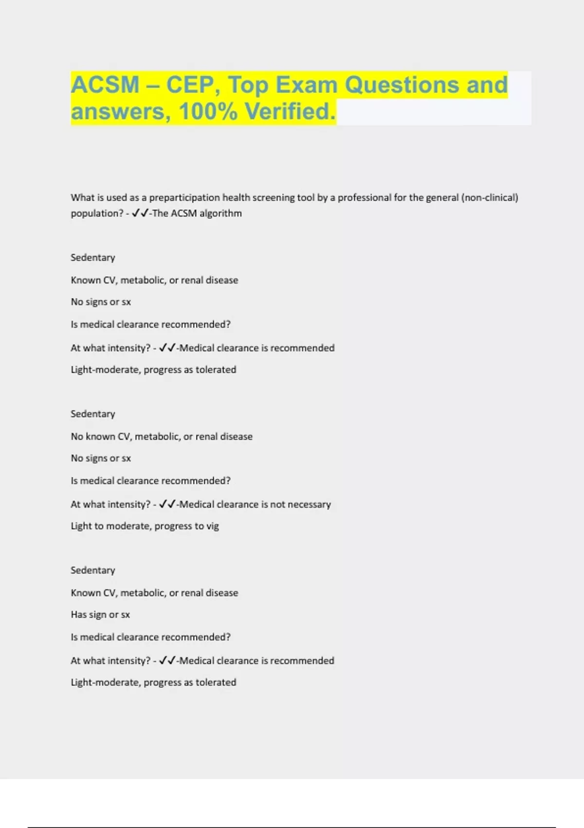 ACSM – CEP, Top Exam Questions and answers, 100% Verified. - ACSM – CEP ...