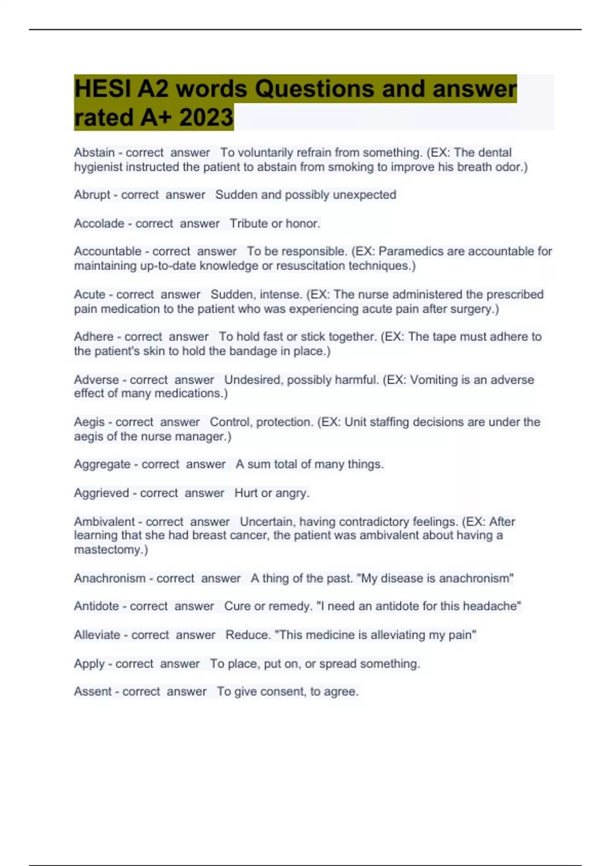 HESI A2 words Questions and answer rated A+ 2023 - HESI A2 words - Stuvia US