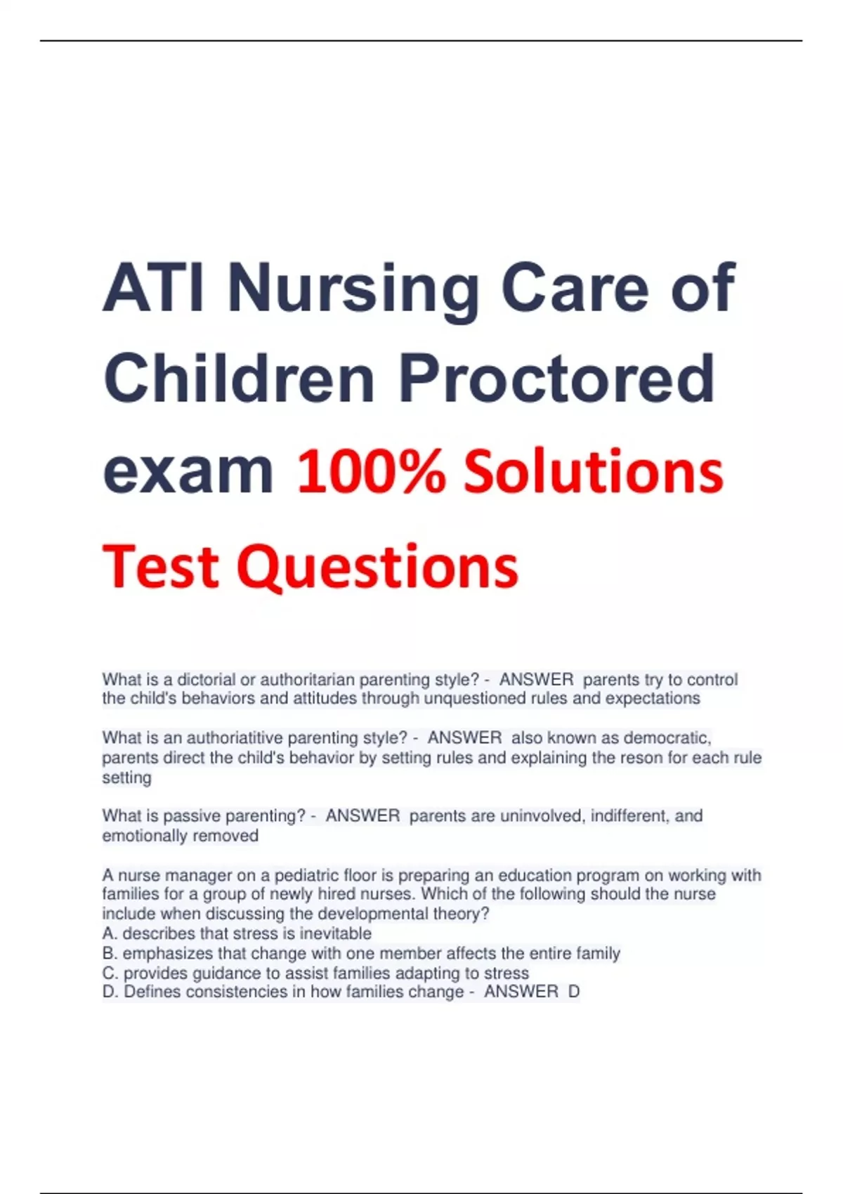 ATI Nursing Care of Children Proctored exam 100% Solutions Test ...