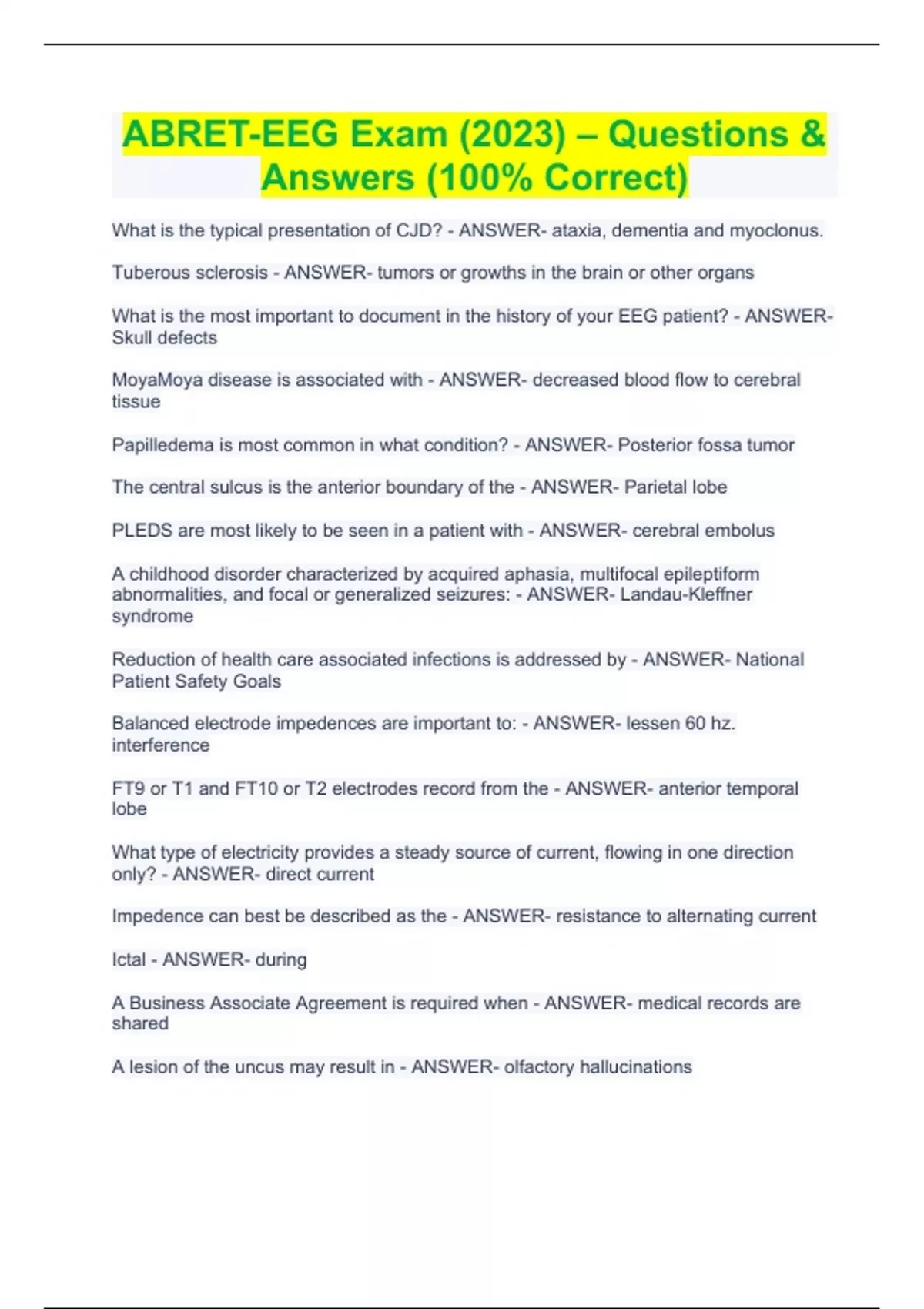 ABRET-EEG Exam (2023) – Questions & Answers (100% Correct) - ABRET ...