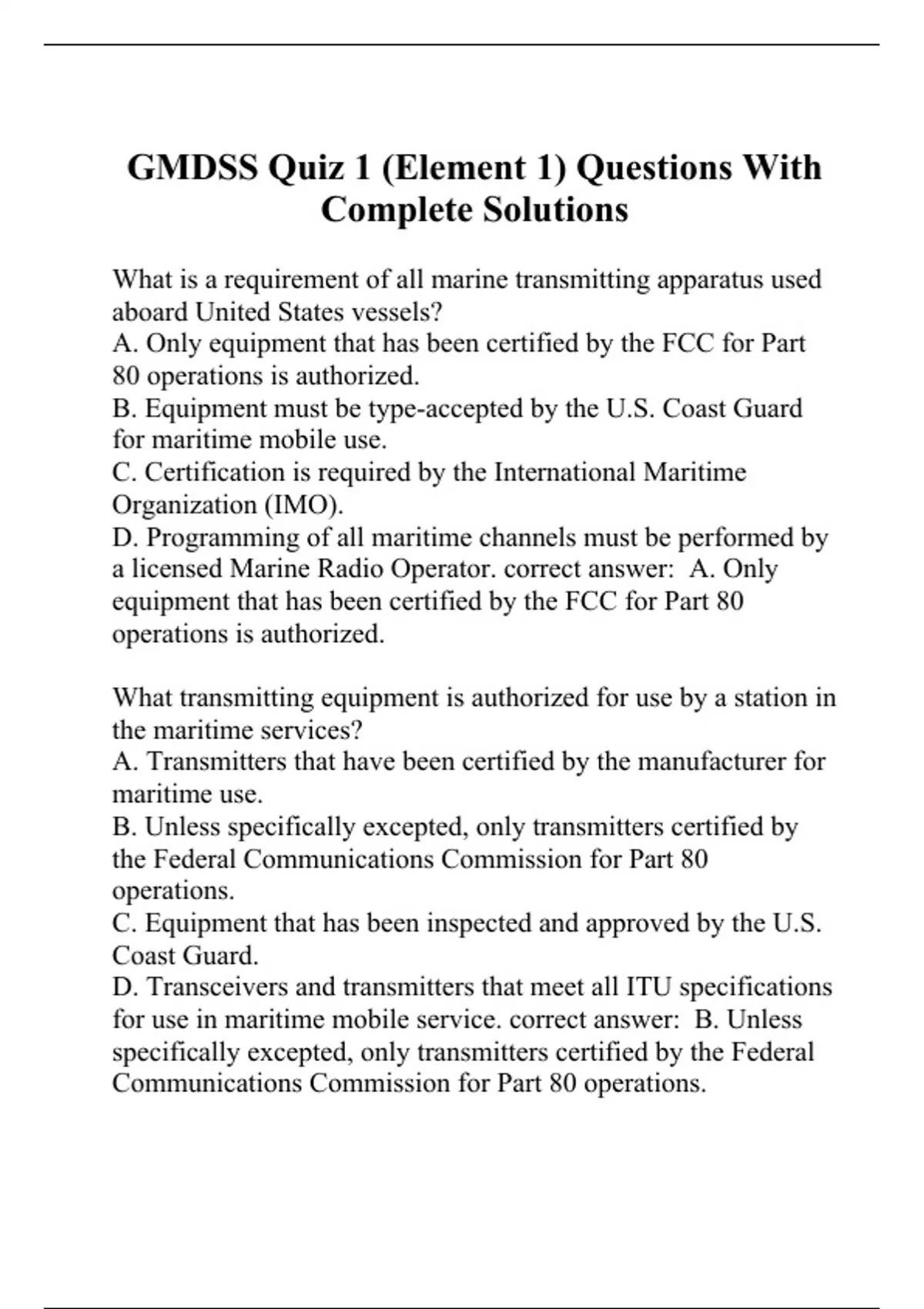 GMDSS Quiz 1 (Element 1) Questions With Complete Solutions - GMDSS ...