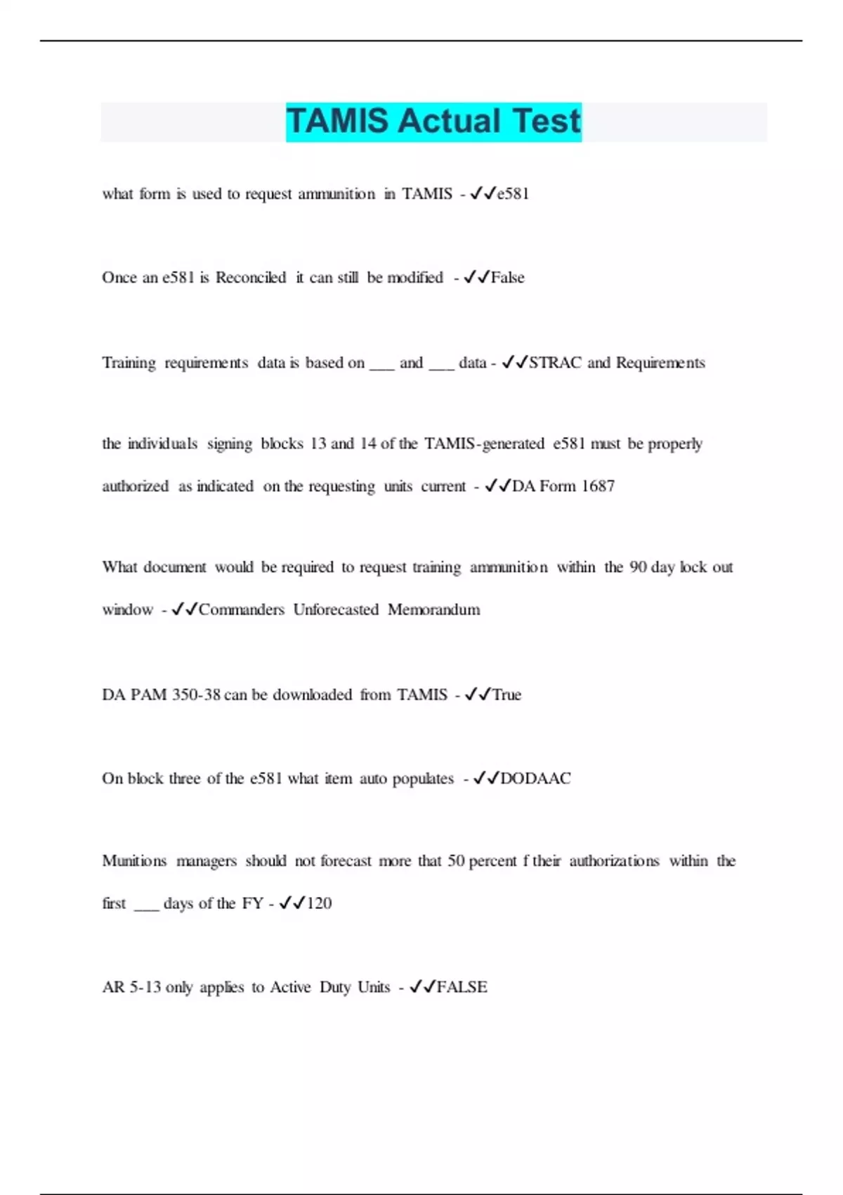 TAMIS Actual Test | 40 Questions with 100% Correct Answers | Verified ...