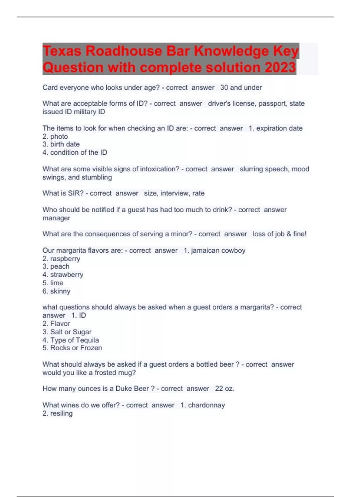 Texas Roadhouse Bar Knowledge Key Question with complete solution 2025 updated - Texas Roadhouse ...