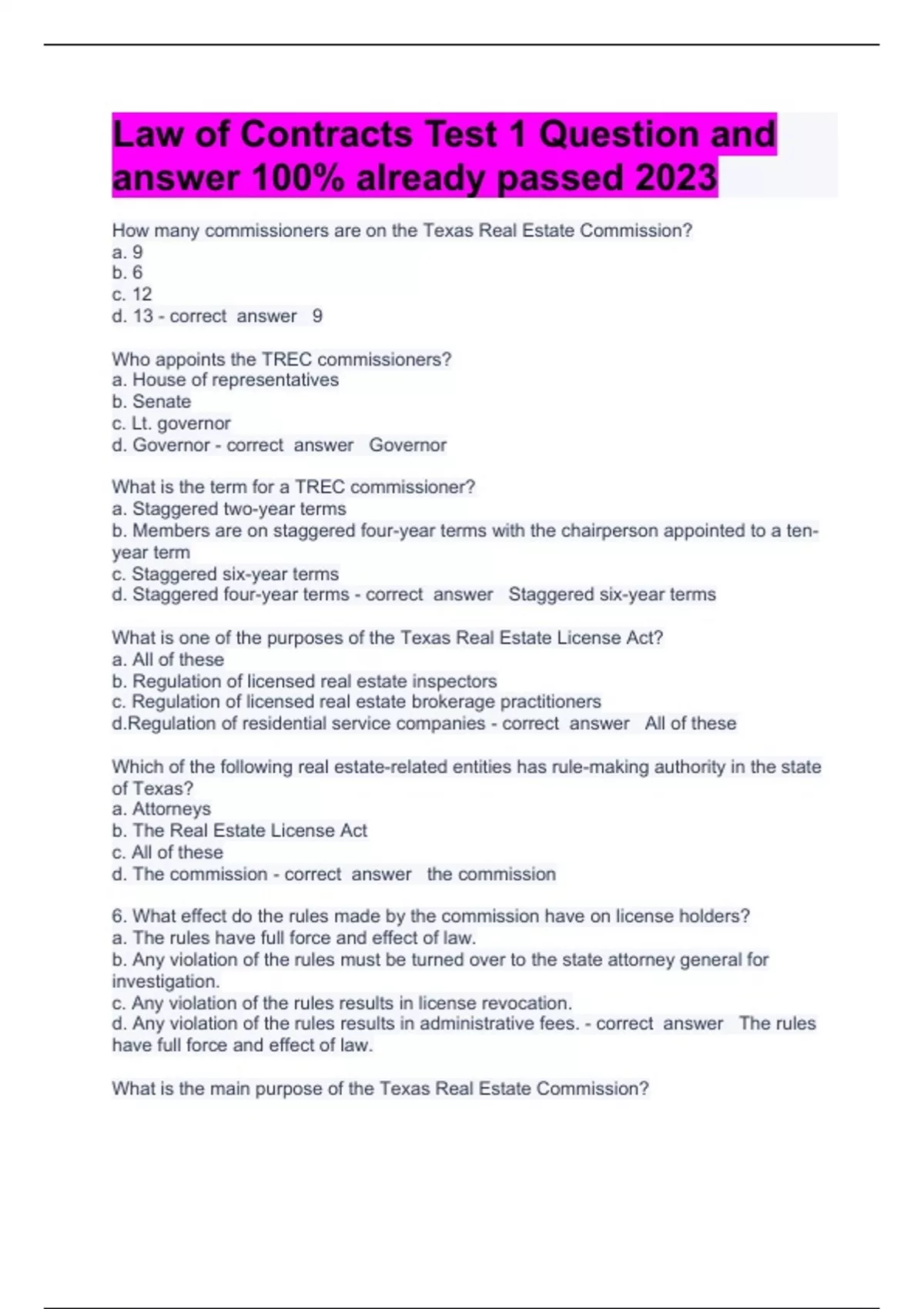 Law of Contracts Test 1 Question and answer 100% already passed 2023 ...