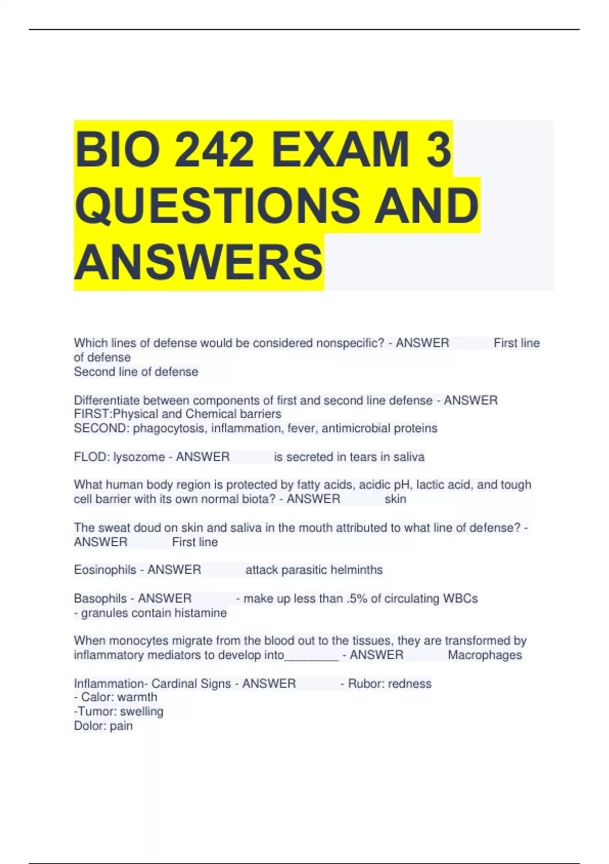 BIO 242 EXAM 3 QUESTIONS AND ANSWERS - BIO 242 - Stuvia US