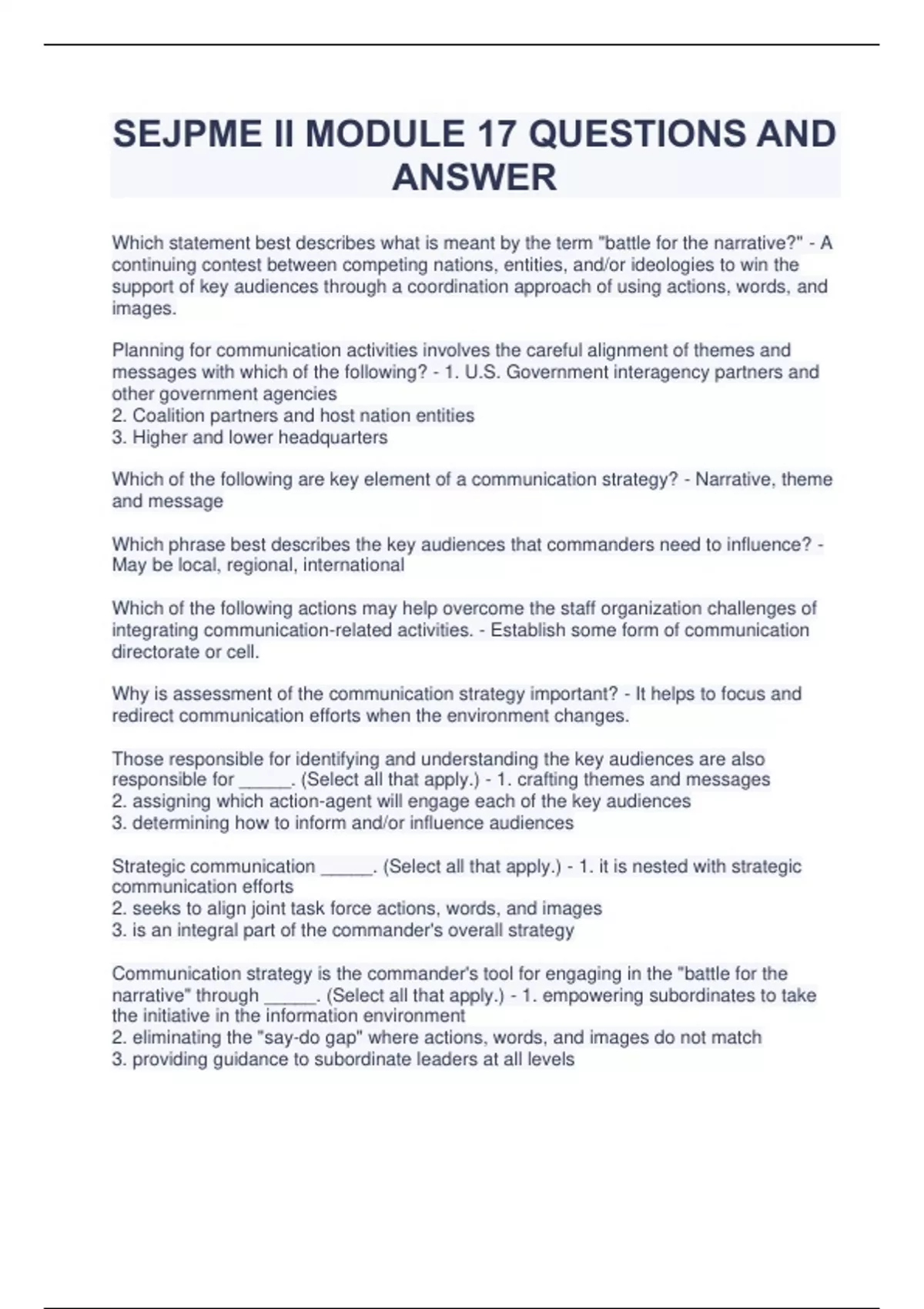 SEJPME II MODULE 17 QUESTIONS AND ANSWER - SEJPME II MODULE 17 - Stuvia US