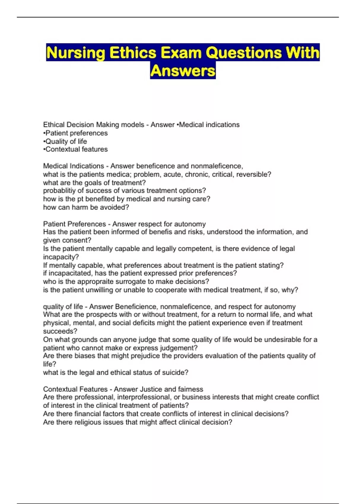 Nursing Ethics Exam Questions With Answers - Nursing Ethics - Stuvia US