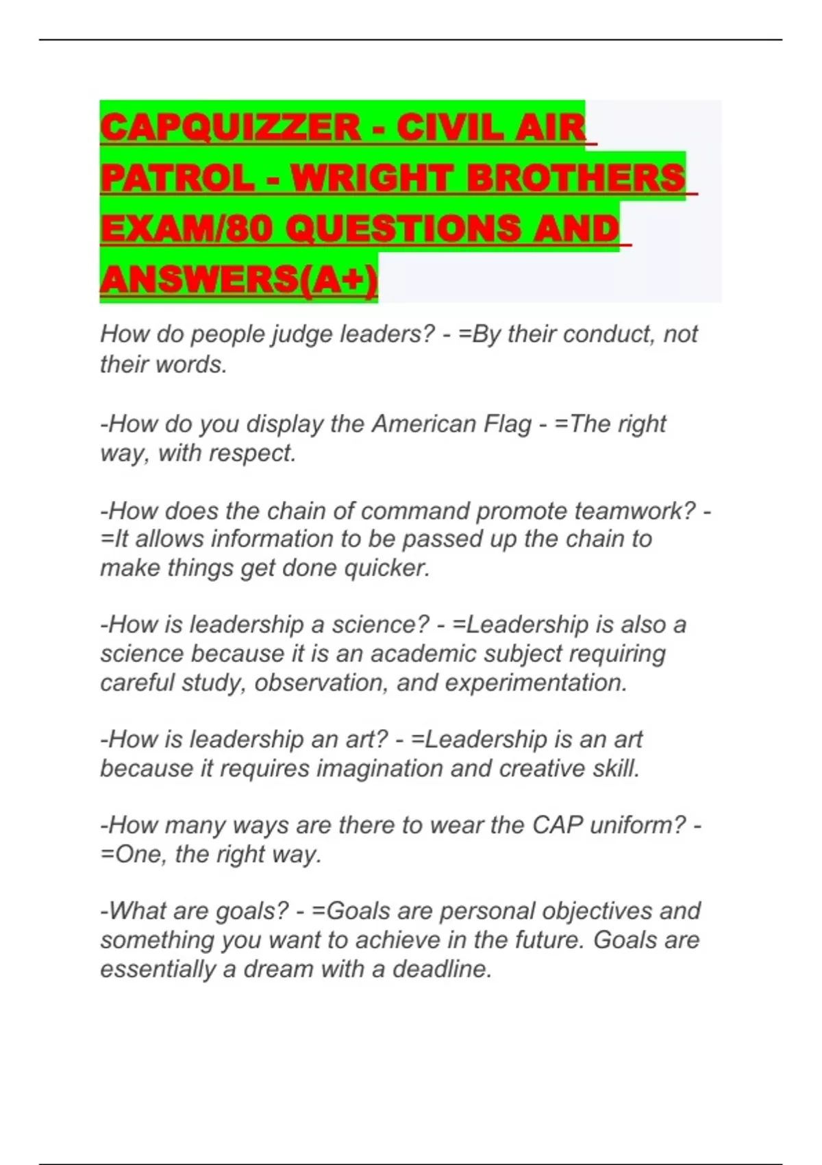 CAPQUIZZER - CIVIL AIR PATROL - WRIGHT BROTHERS EXAM/80 QUESTIONS AND ...