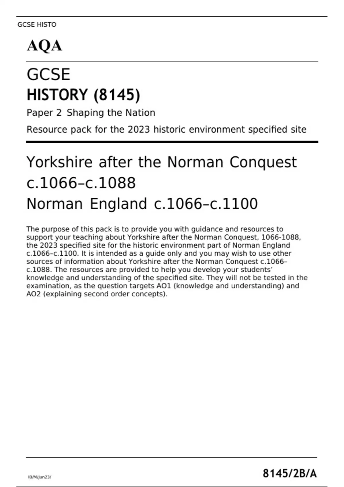 GCSE HISTORY (8145) Paper 2 Shaping the Nation Resource pack for the ...