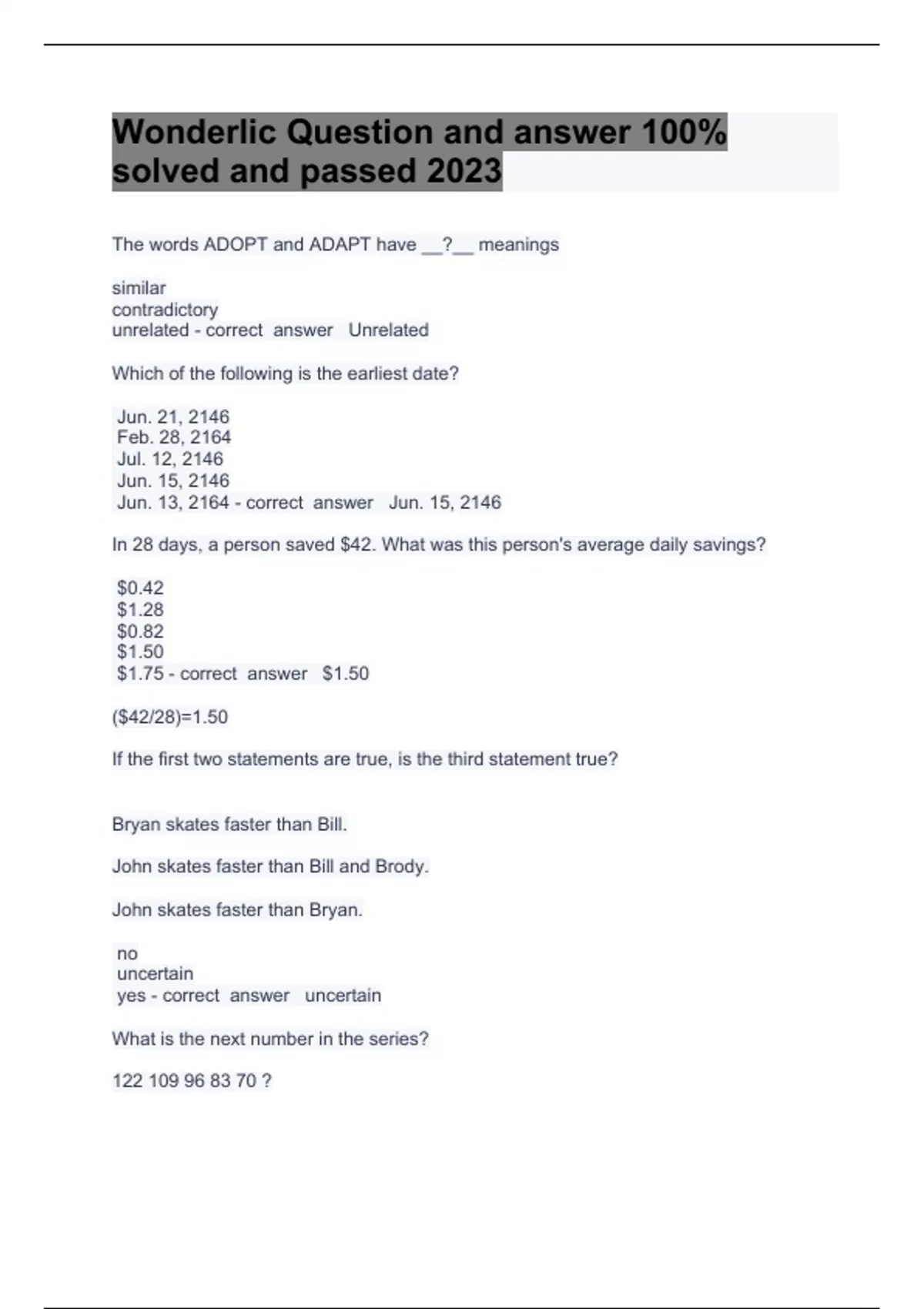 Wonderlic Question and answer 100% solved and passed 2023 - Wonderlic ...