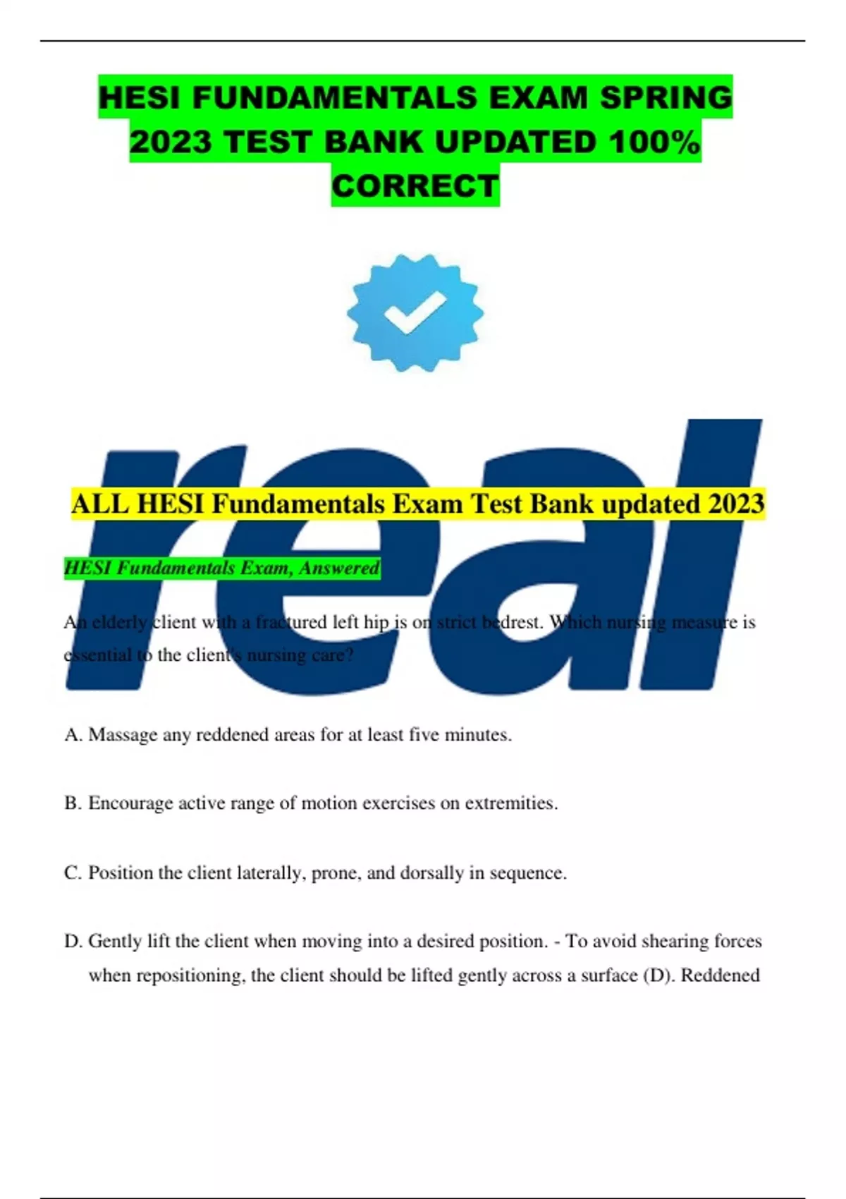 HESI FUNDAMENTALS EXAM SPRING 2023 TEST BANK UPDATED 100% CORRECT ALL ...