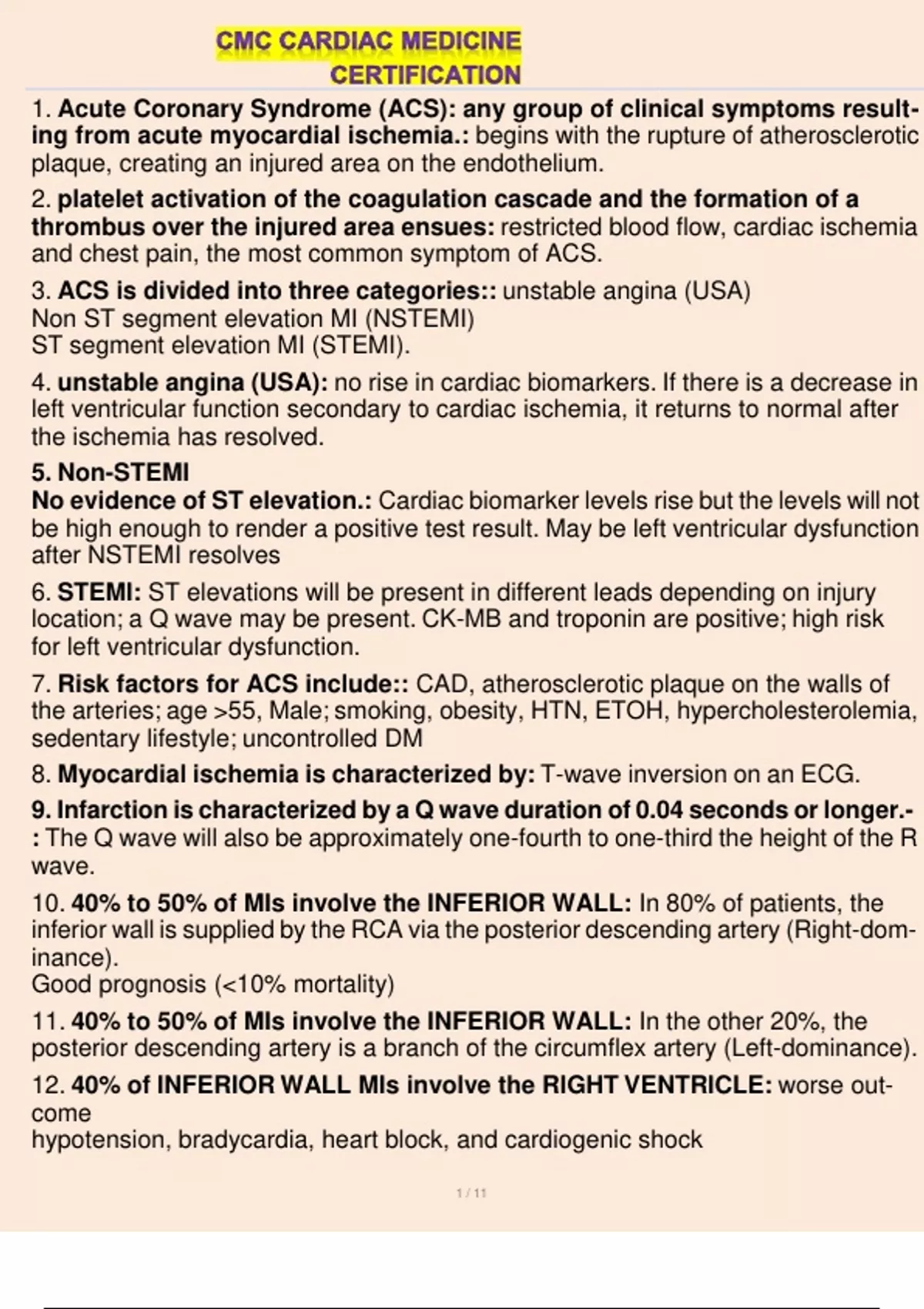 CMC Cardiac Medicine Certification 1. Acute Coronary Syndrome (ACS ...