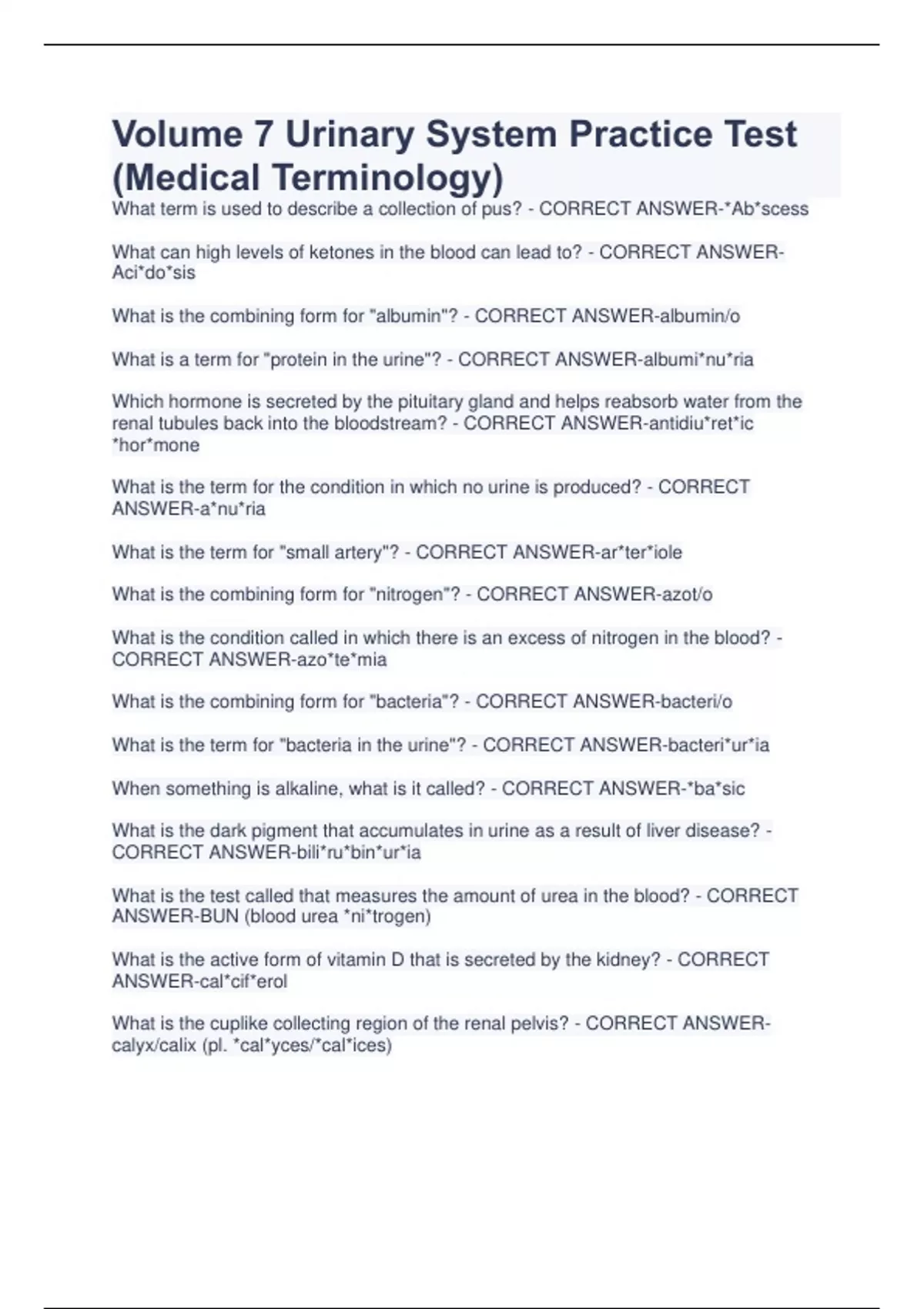 Volume 7 Urinary System Practice Test (Medical Terminology) - Medical ...