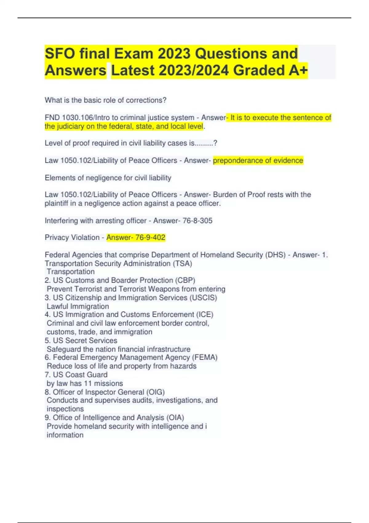 SFO Final Exam Practice Questions with Correct Answers Latest 2023/2024 ...