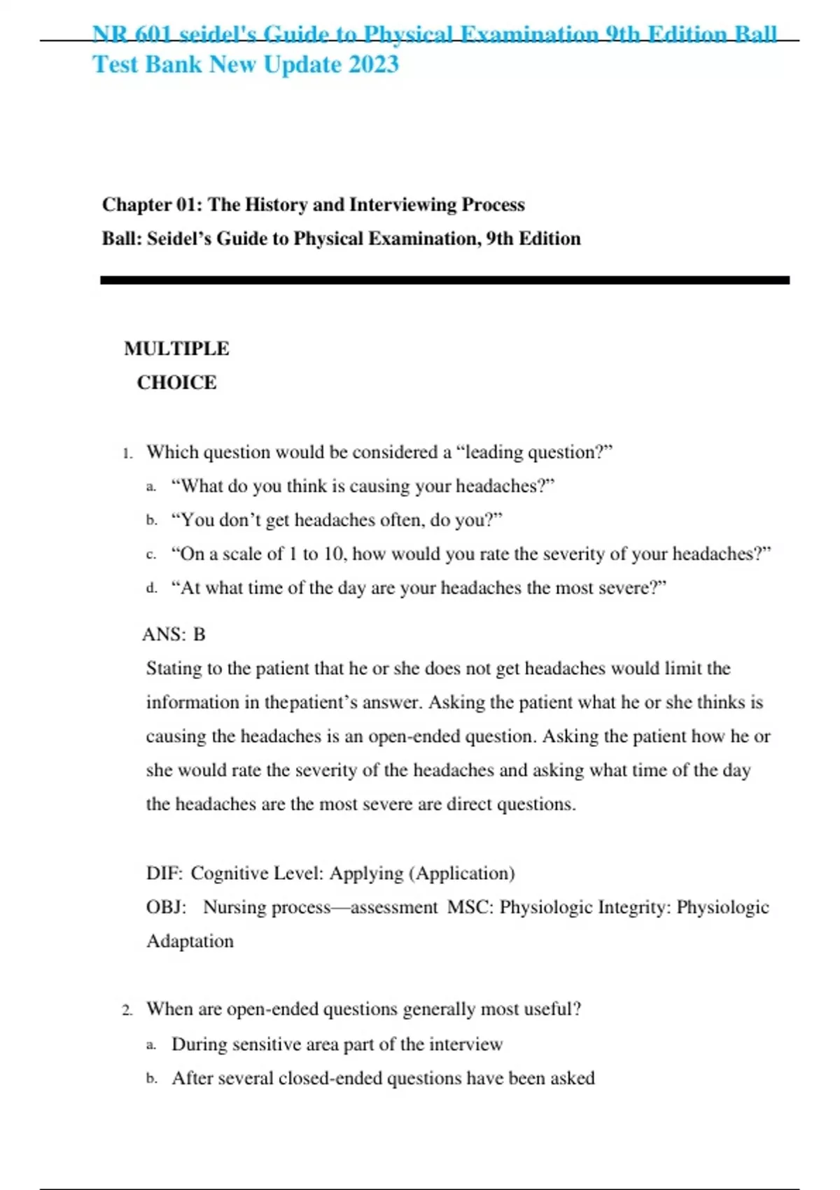 NR 601 seidel's Guide to Physical Examination 9th Edition Ball Test ...