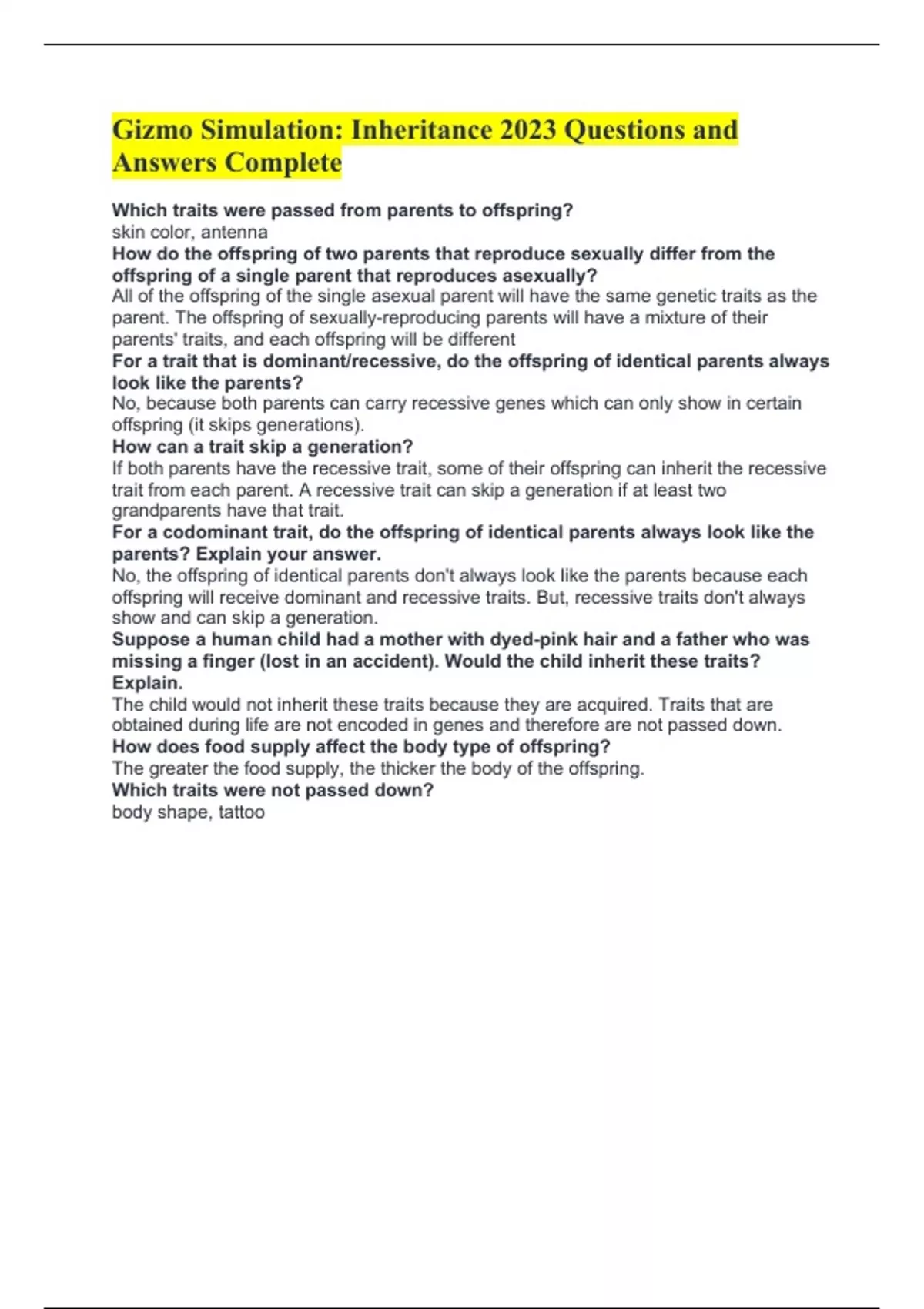 Gizmo Simulation: Inheritance 2023 Questions and Answers Complete ...