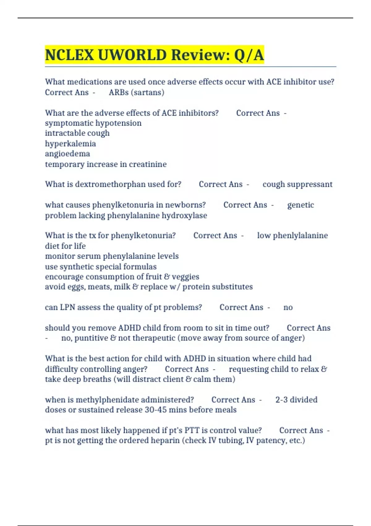 NCLEX UWORLD Review: Q/A - NCLEX UWORLD - Stuvia US