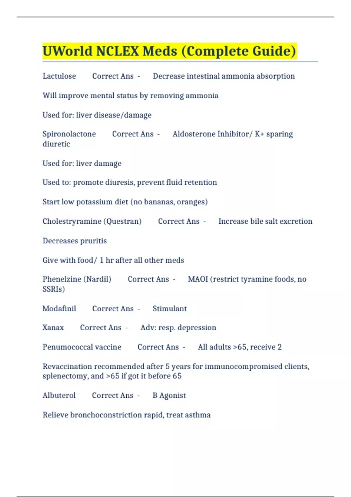 UWorld NCLEX Meds (Complete Guide) - UWorld NCLEX Meds - Stuvia US