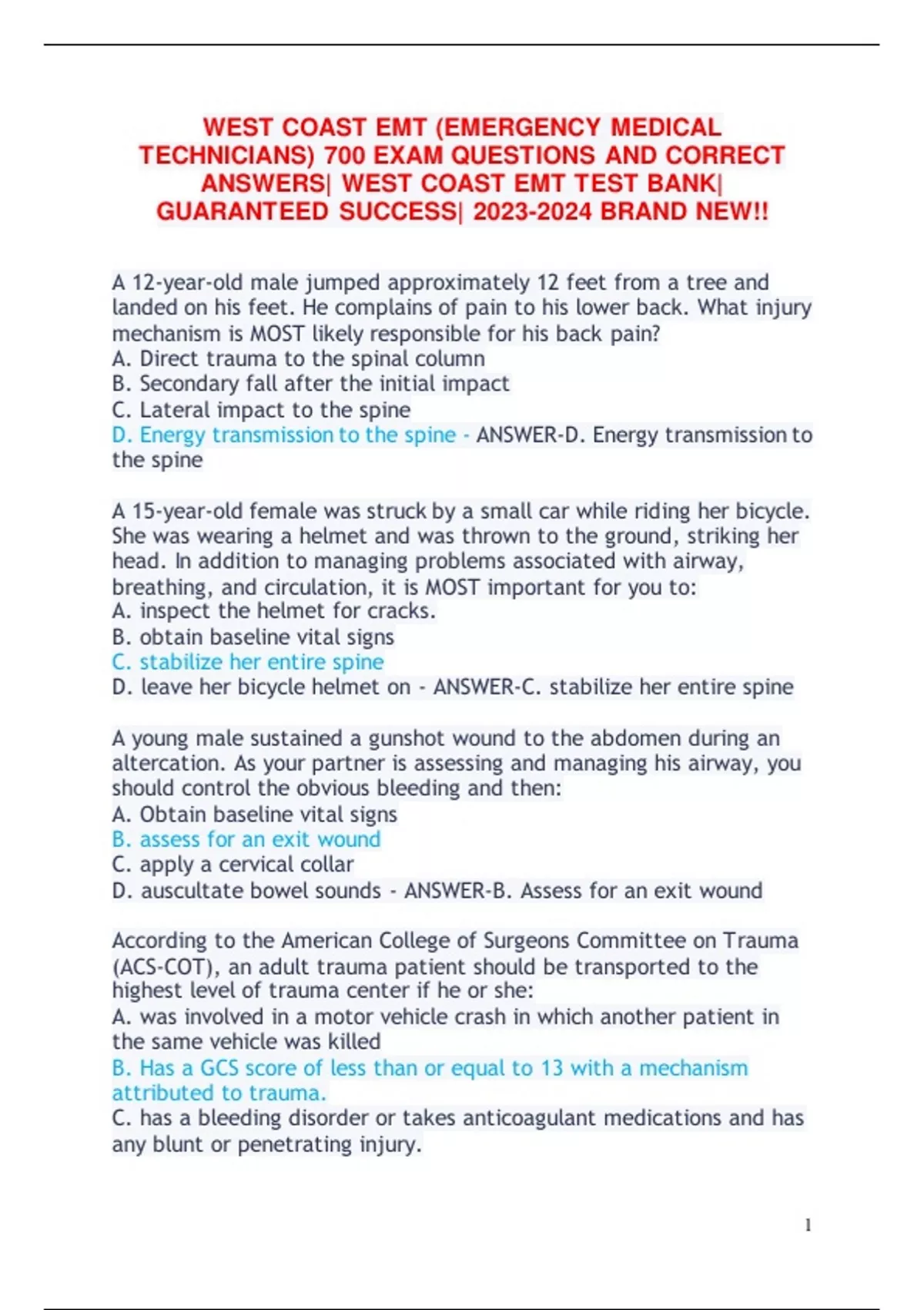 WEST COAST EMT (EMERGENCY MEDICAL TECHNICIANS) 700 EXAM QUESTIONS AND ...