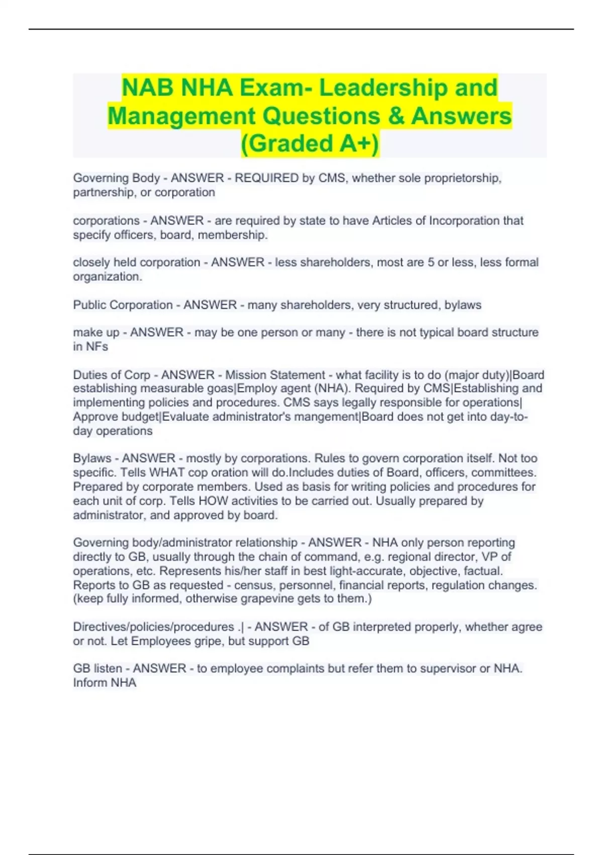 NAB NHA Exam Bundle | Questions & 100% Correct Answers - Stuvia US