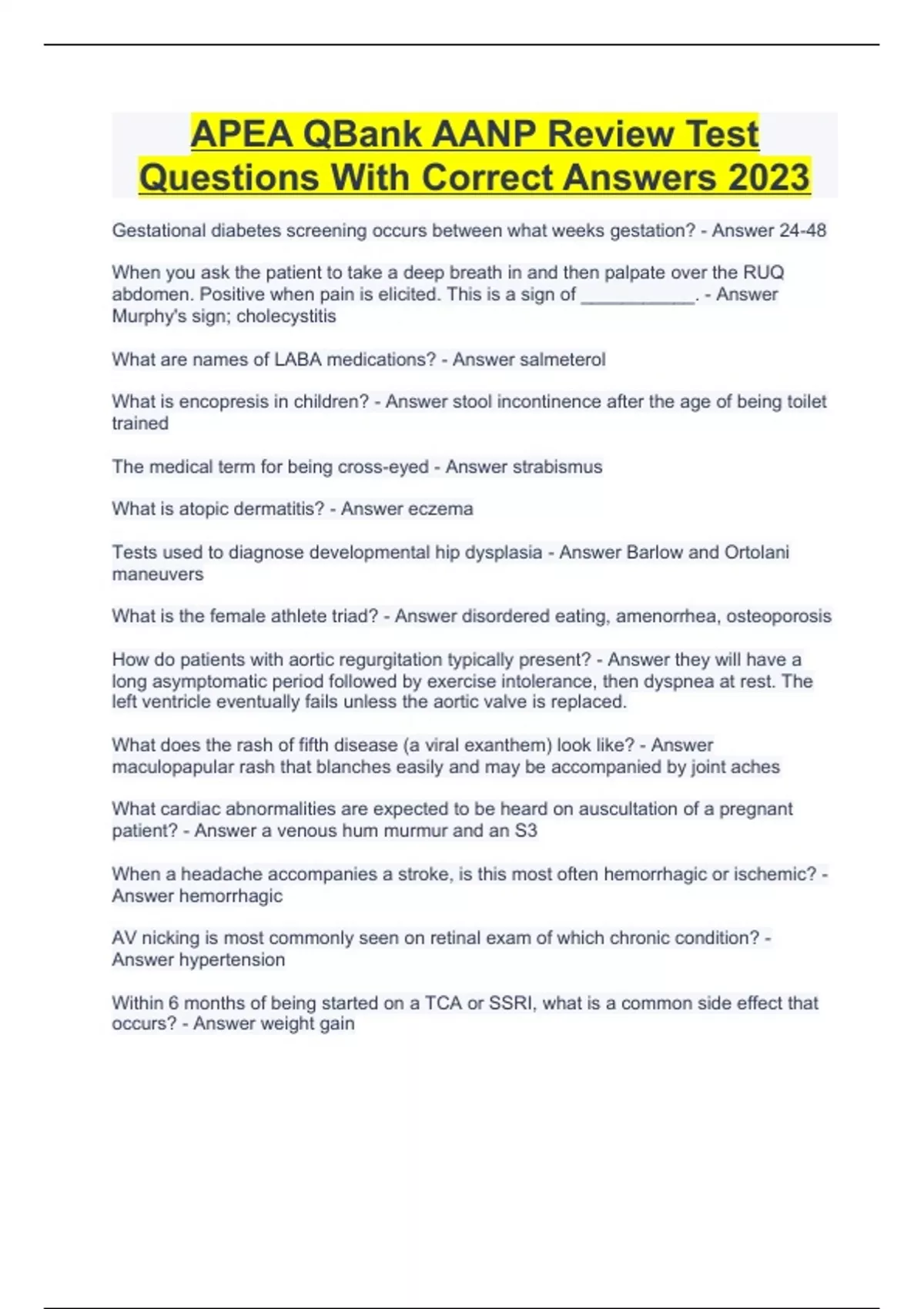 APEA QBank AANP Review Test Questions With Correct Answers 2023 - Apea ...