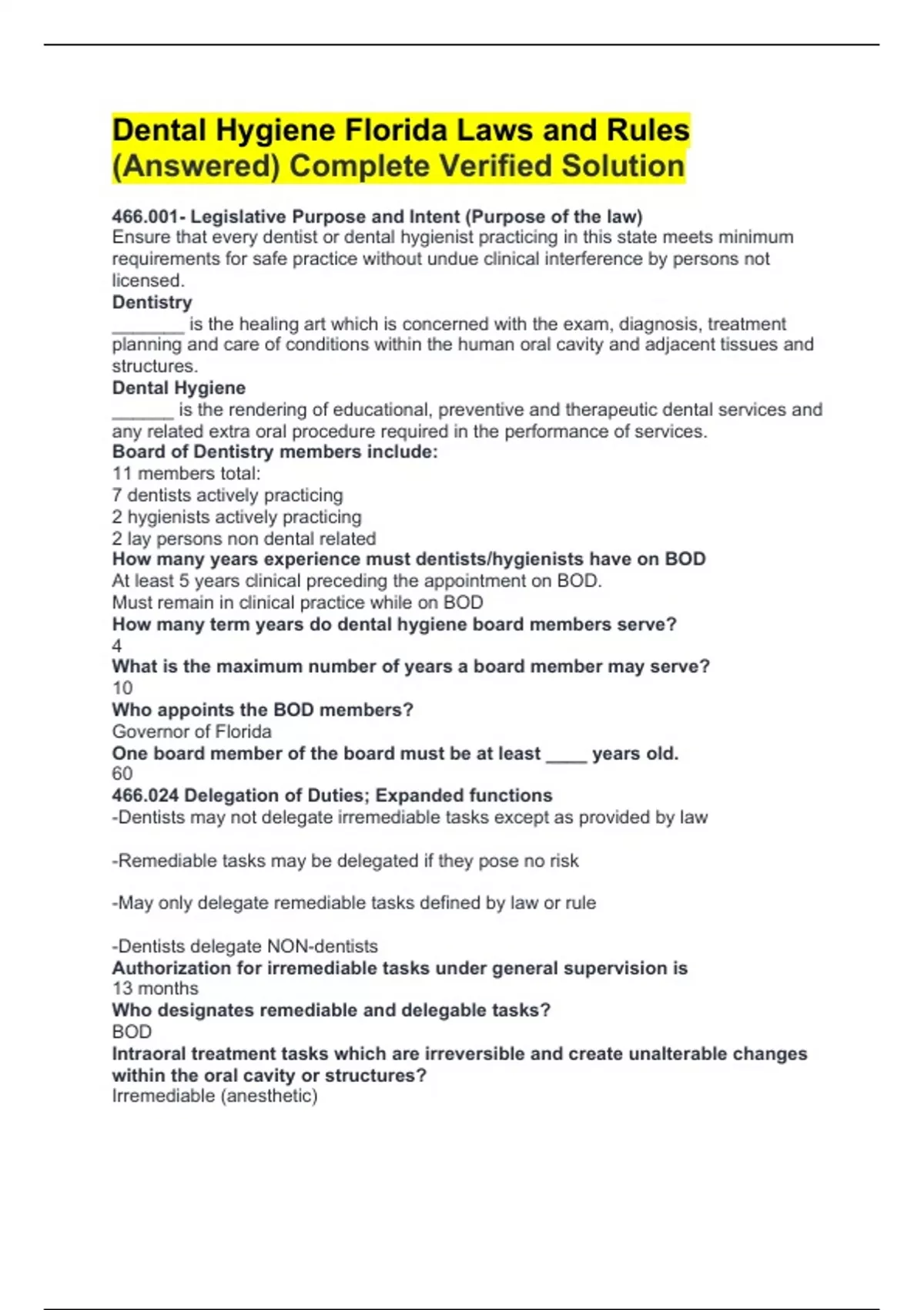 Dental Hygiene Florida Laws and Rules (Answered) Complete Verified ...