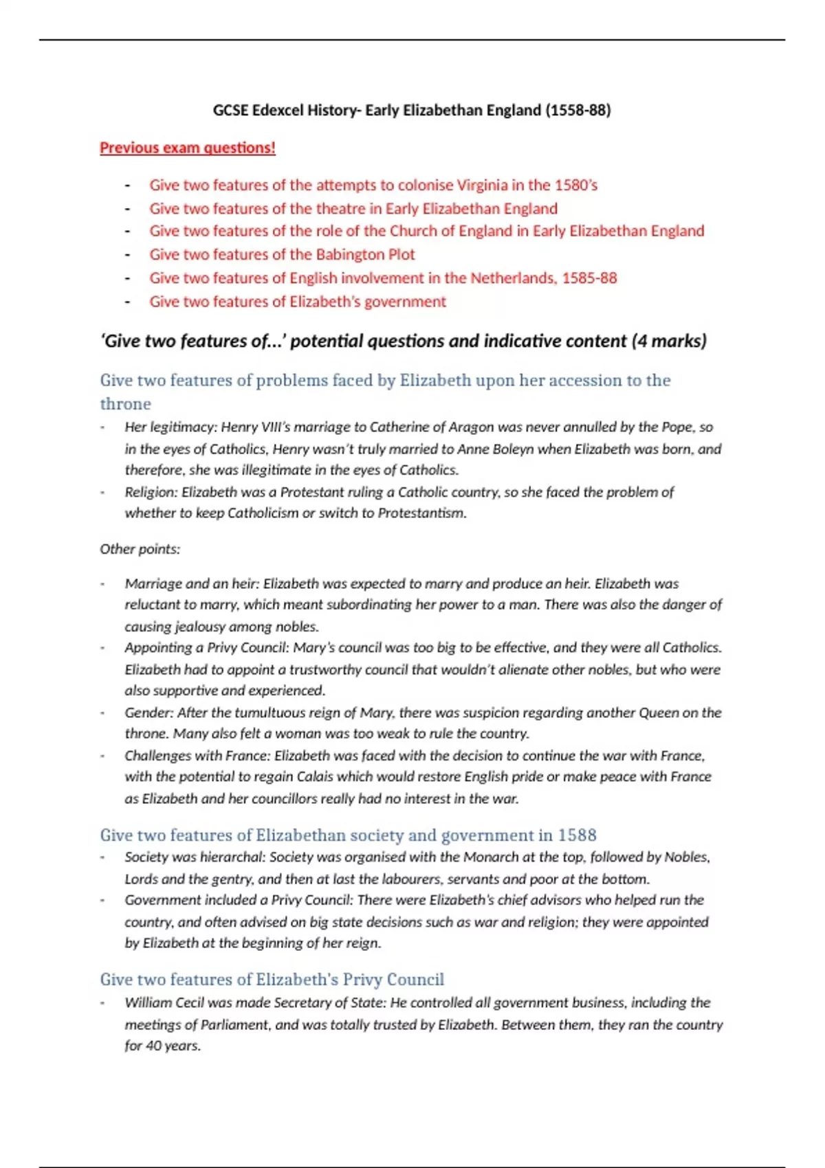GCSE History- Elizabethan England: 'Two features' and 'Explain why ...