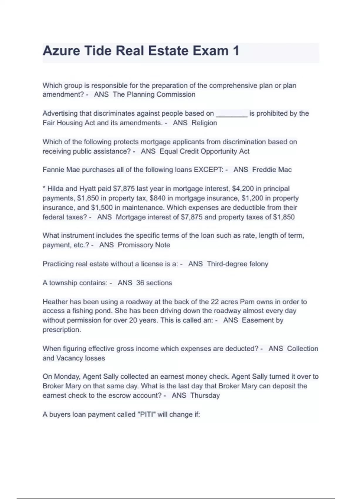 Azure Tide Real Estate Exam (complete)Questions and Answers COMBINED ...