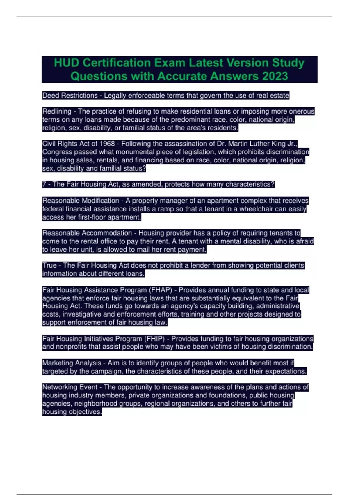 HUD Certification Exam Latest Version Study Questions with Accurate ...