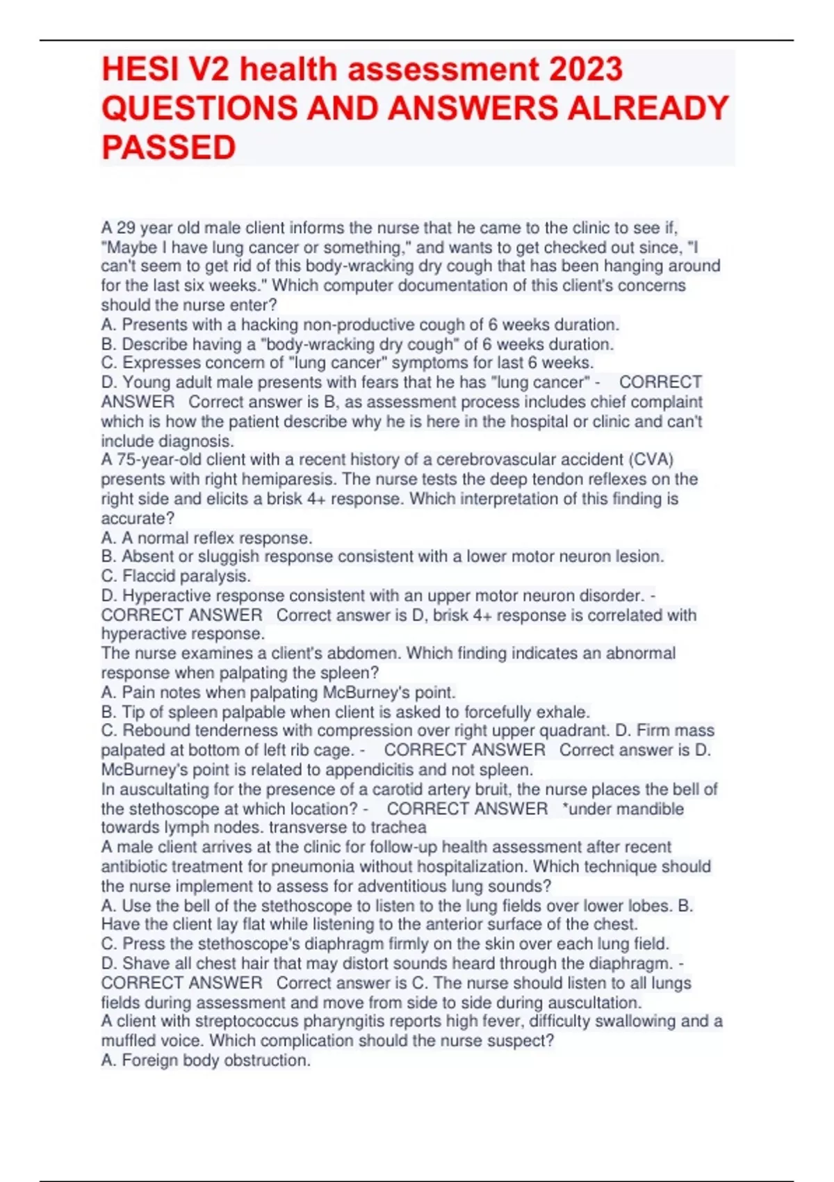 HESI V2 health assessment 2023 QUESTIONS AND ANSWERS ALREADY PASSED ...