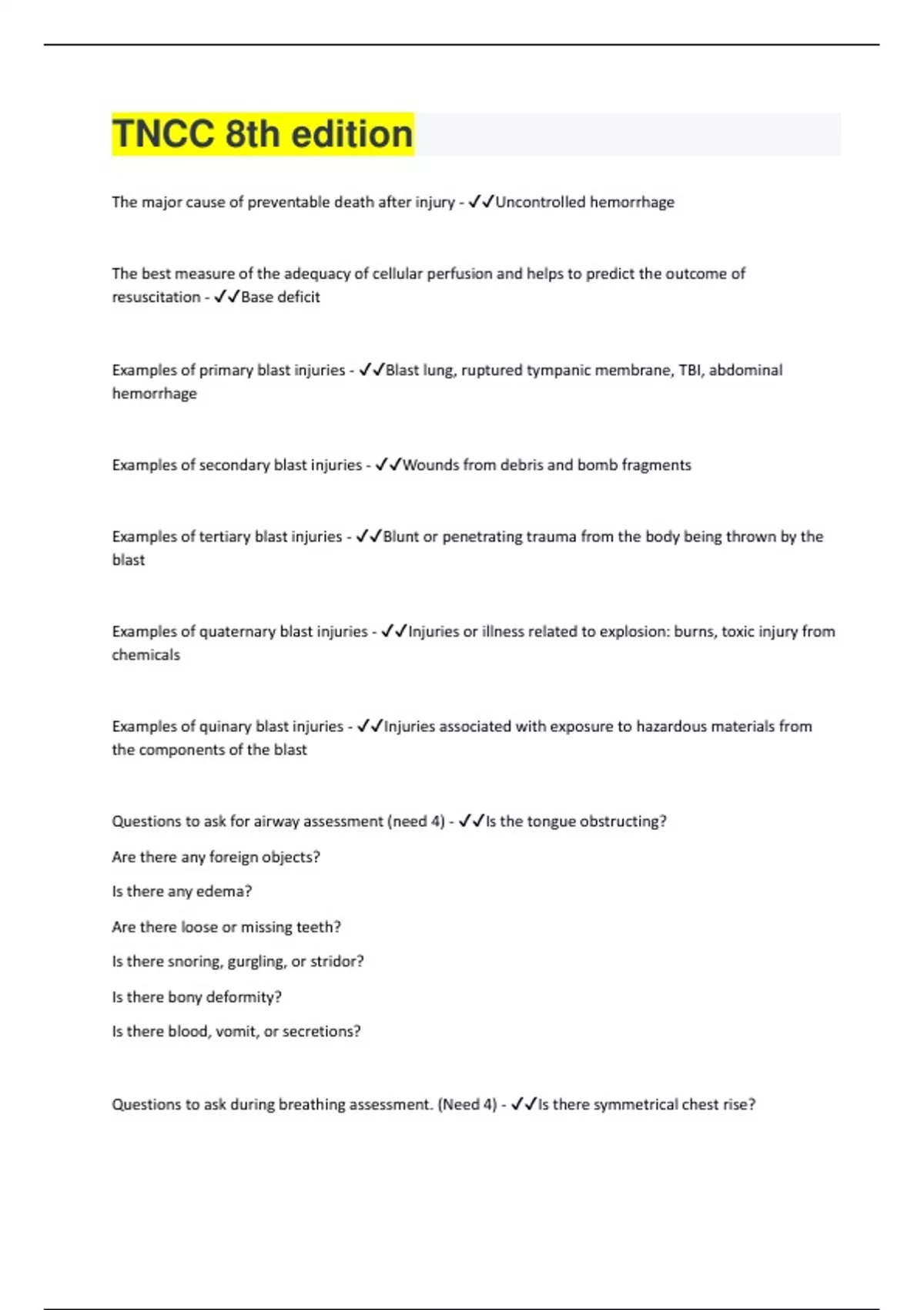 TNCC 8th Edition Questions and Answers( edition) exams compilation ...