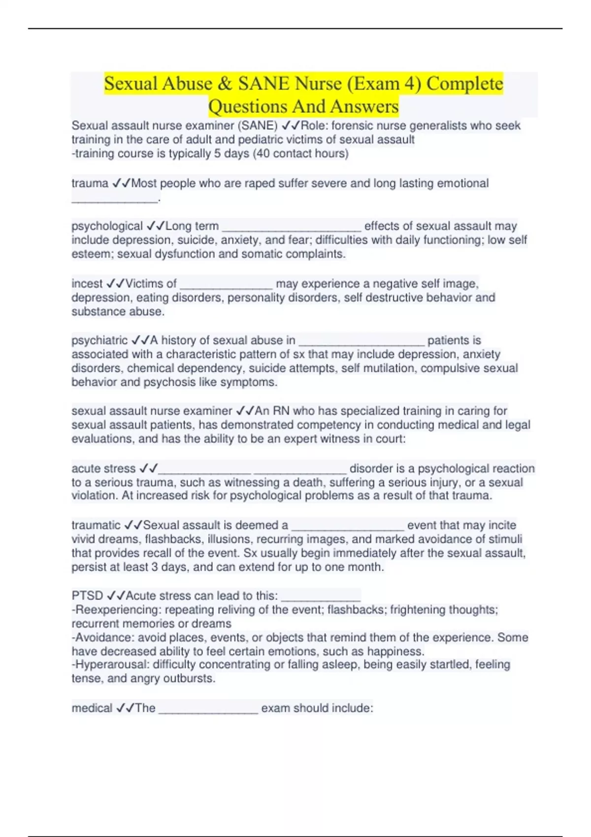 Sexual Abuse & SANE Nurse (Exam 4) Complete Questions And Answers ...