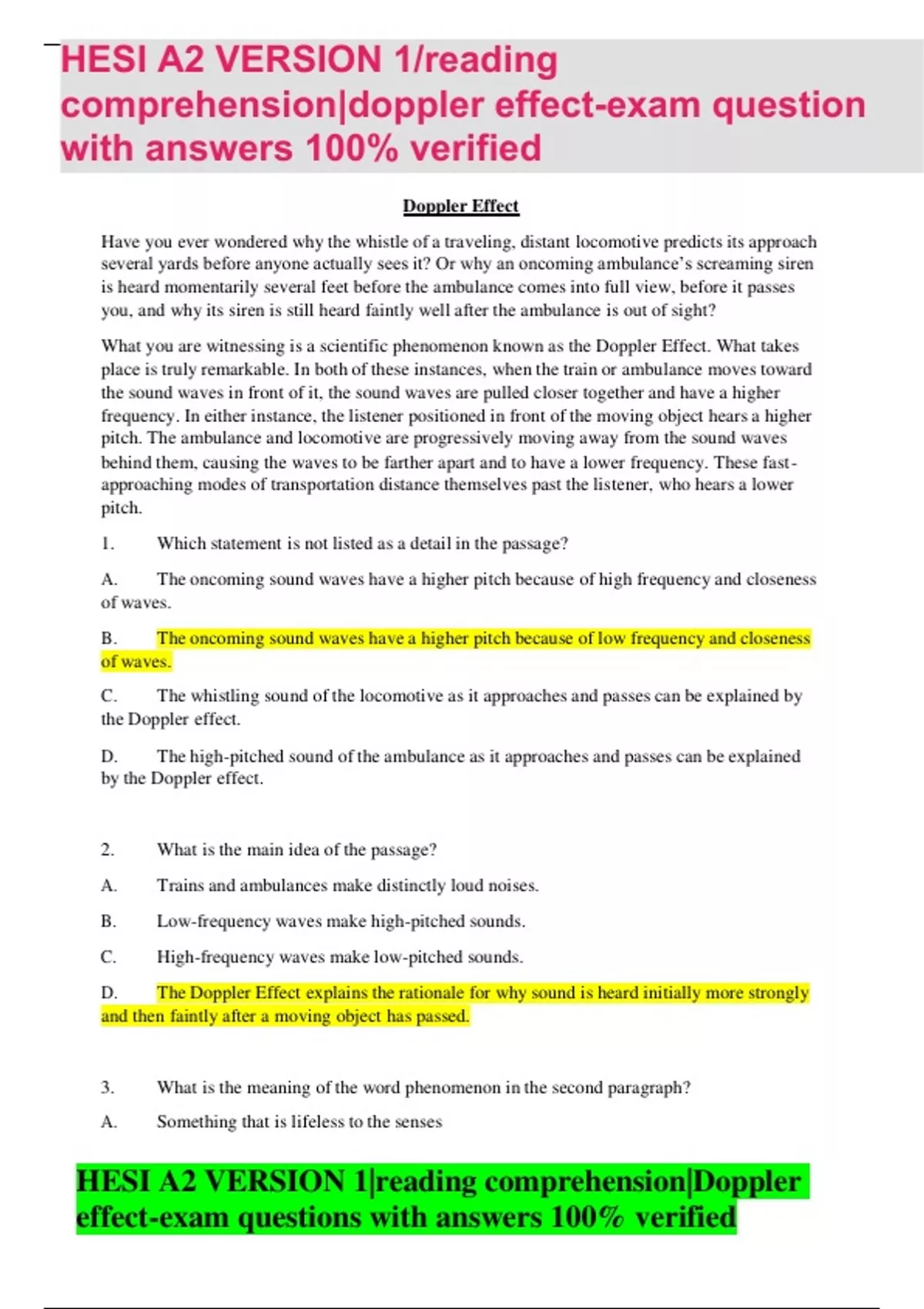 HESI A2 VERSION 1|reading comprehension Doppler effect-exam questions ...