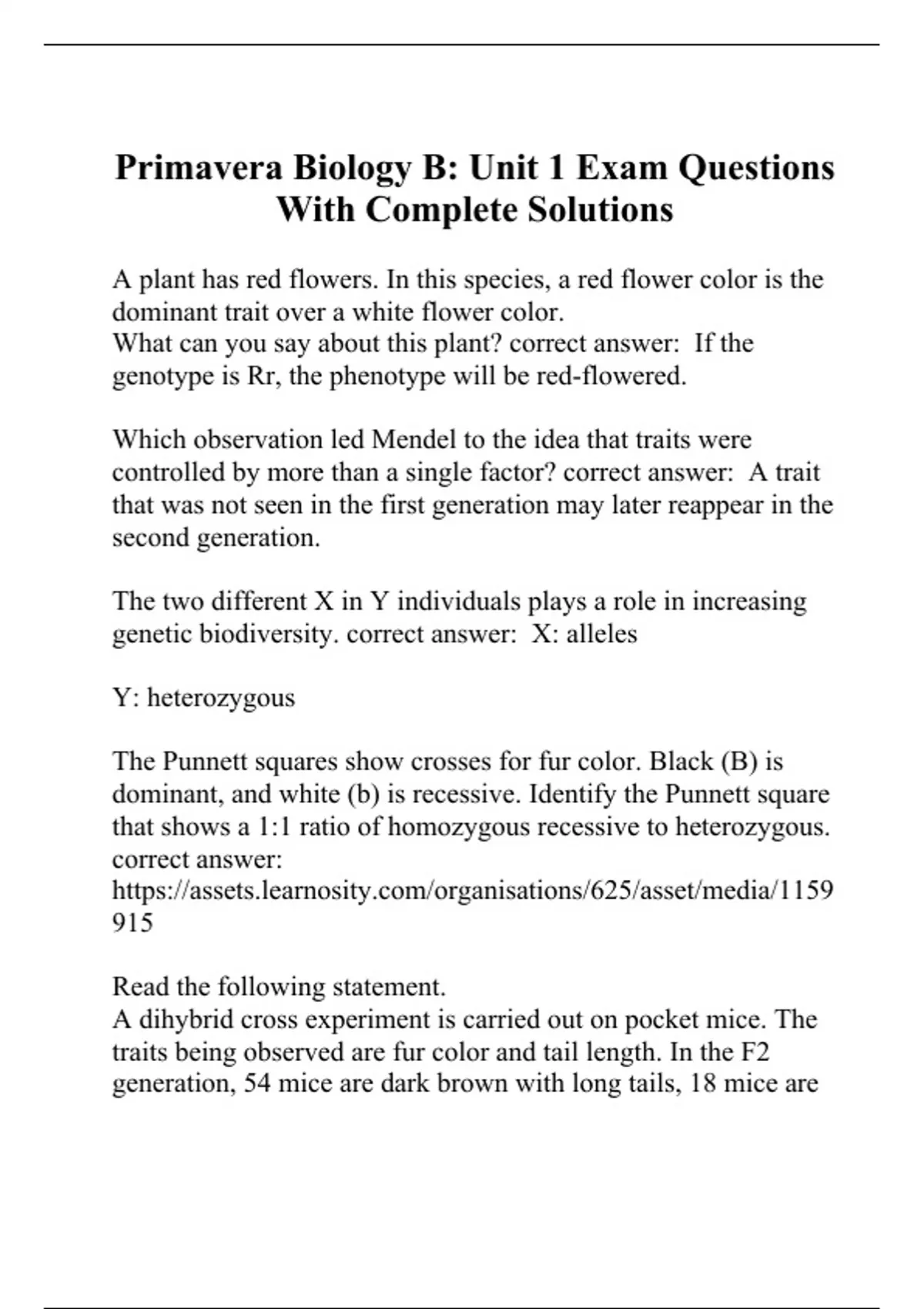Primavera Biology B: Unit 1 Exam Questions With Complete Solutions ...