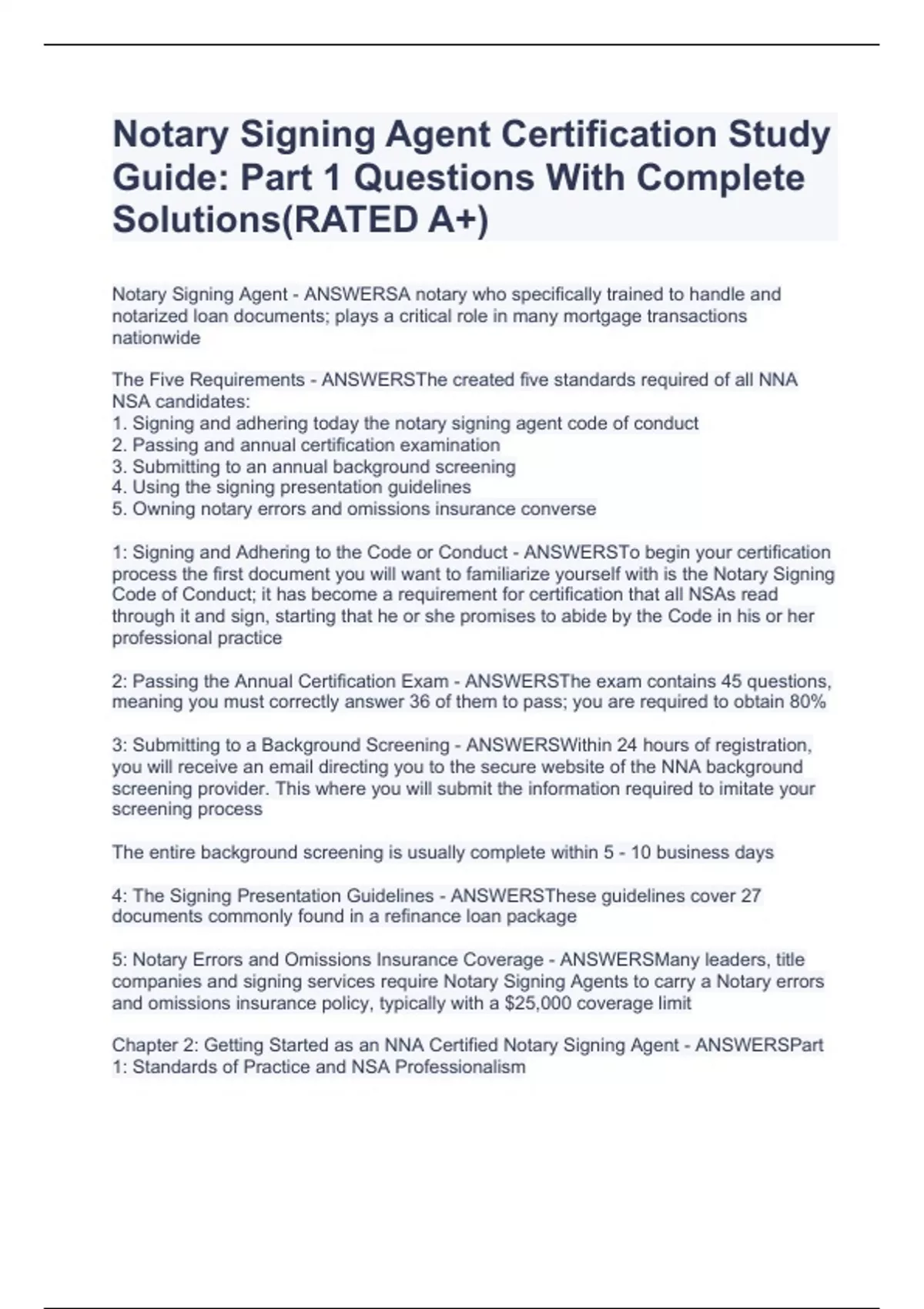 Notary Signing Agent Certification Study Guide: Part 1 Questions With ...