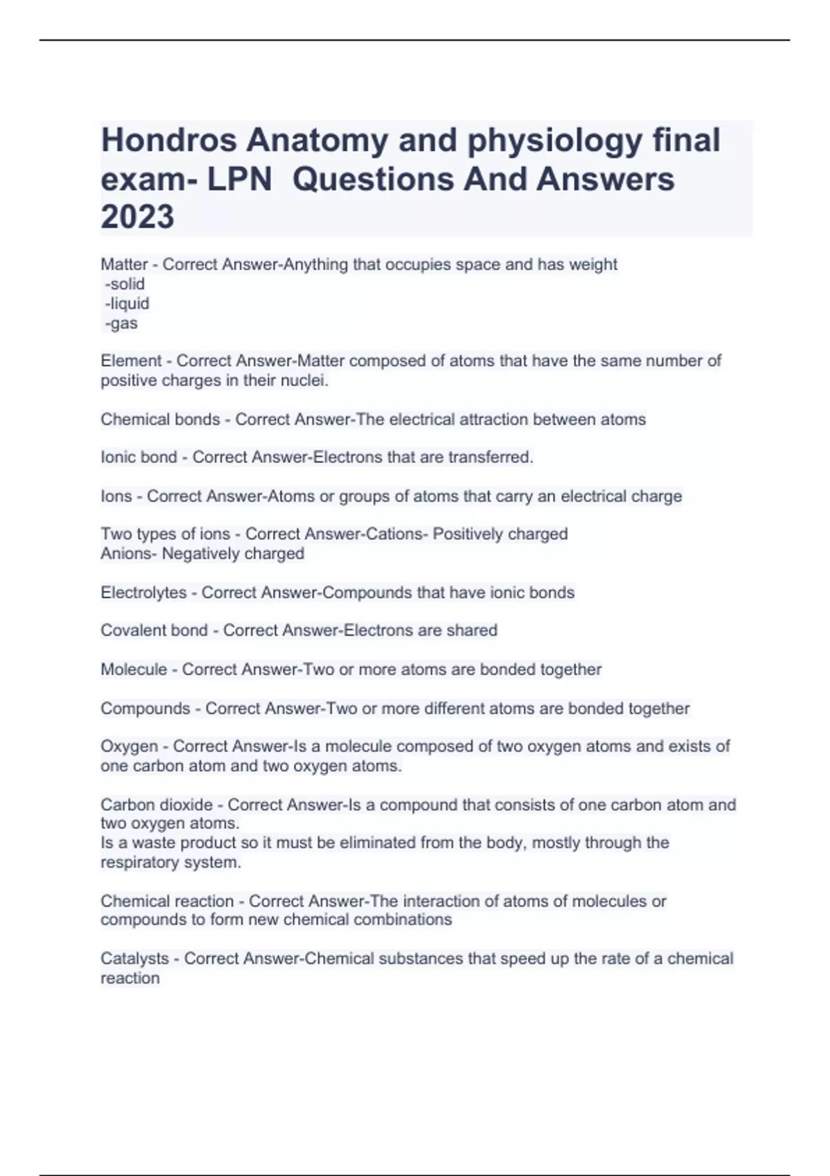 Hondros Anatomy and physiology final exam- LPN Questions And Answers ...