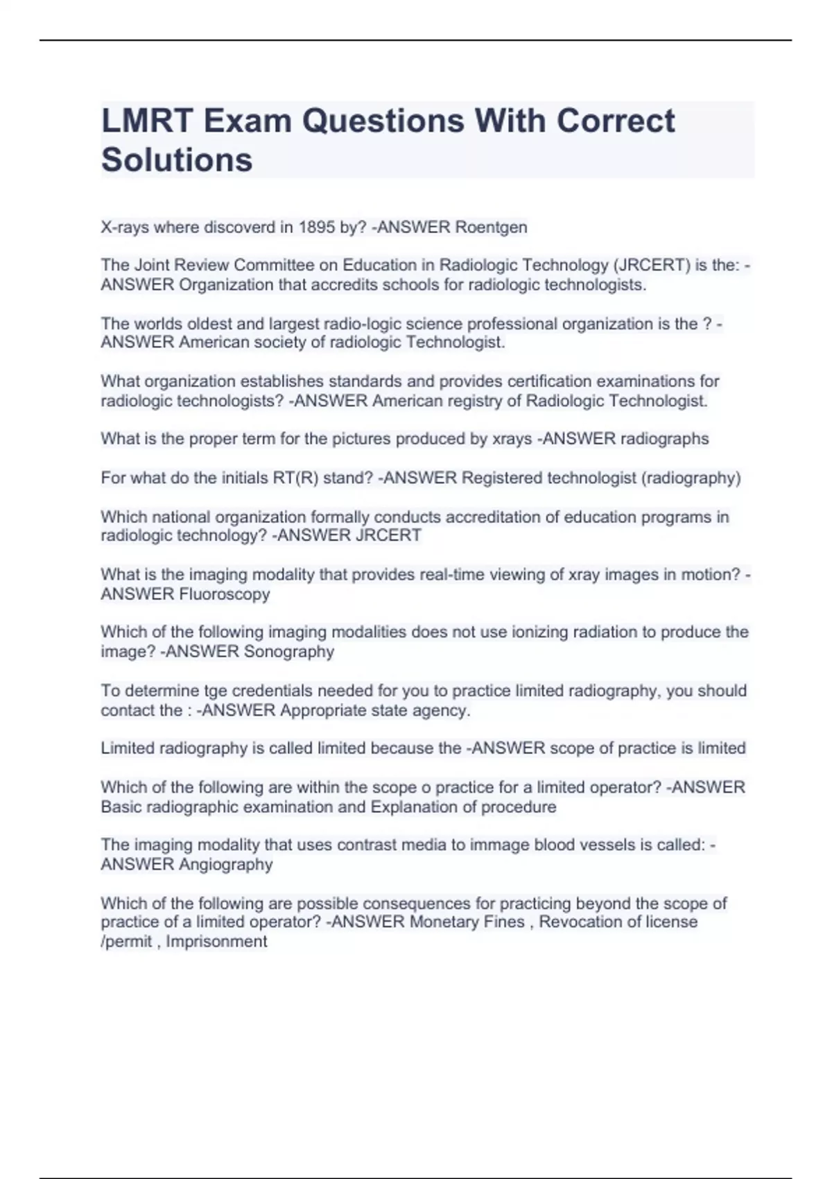 LMRT Exam Questions With Correct Solutions - LMRT - Stuvia NL