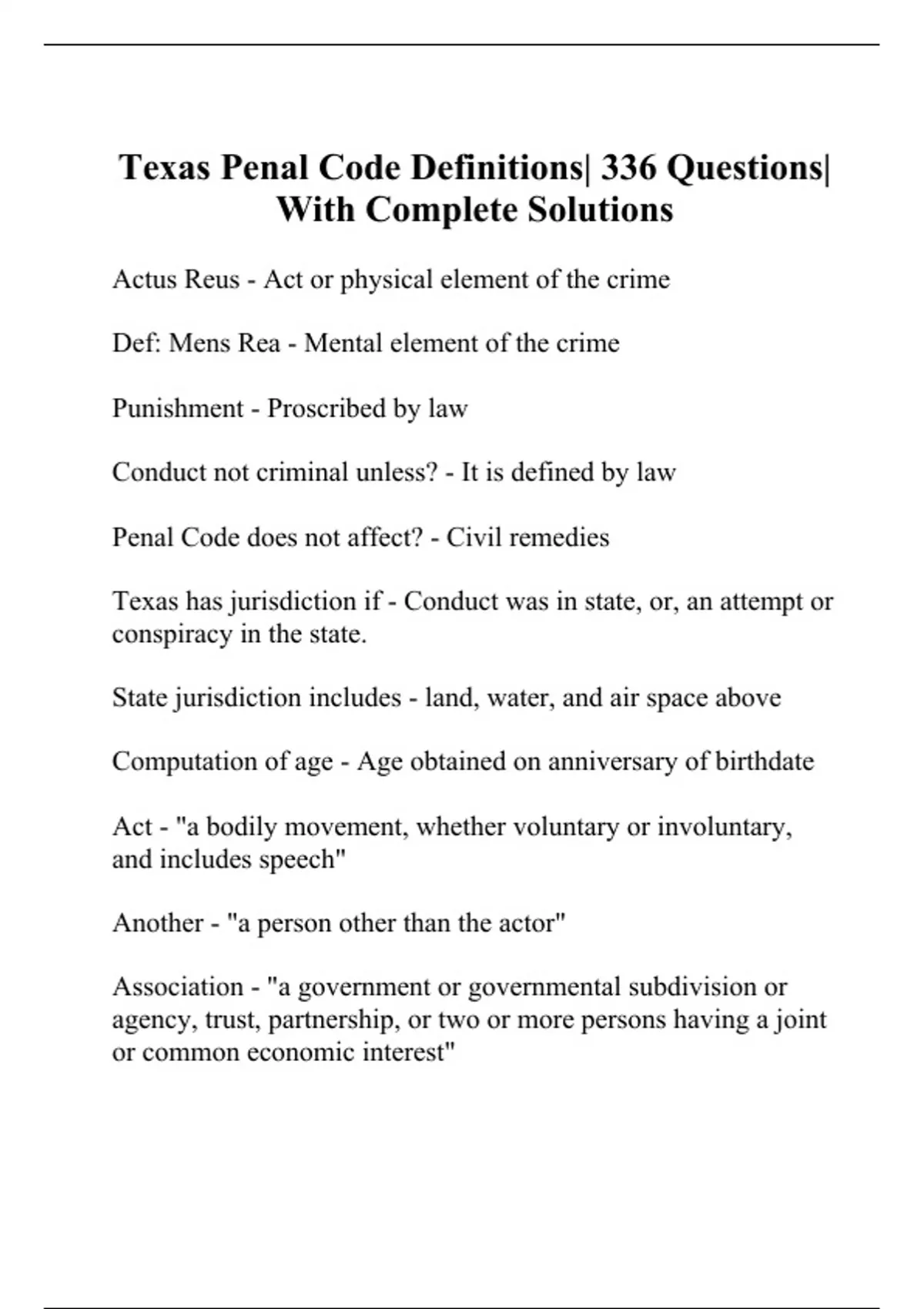 Texas Penal Code Definitions 336 Questions With Complete Solutions Texas Penal Code Definitions 336 Questions With Complete Solutions