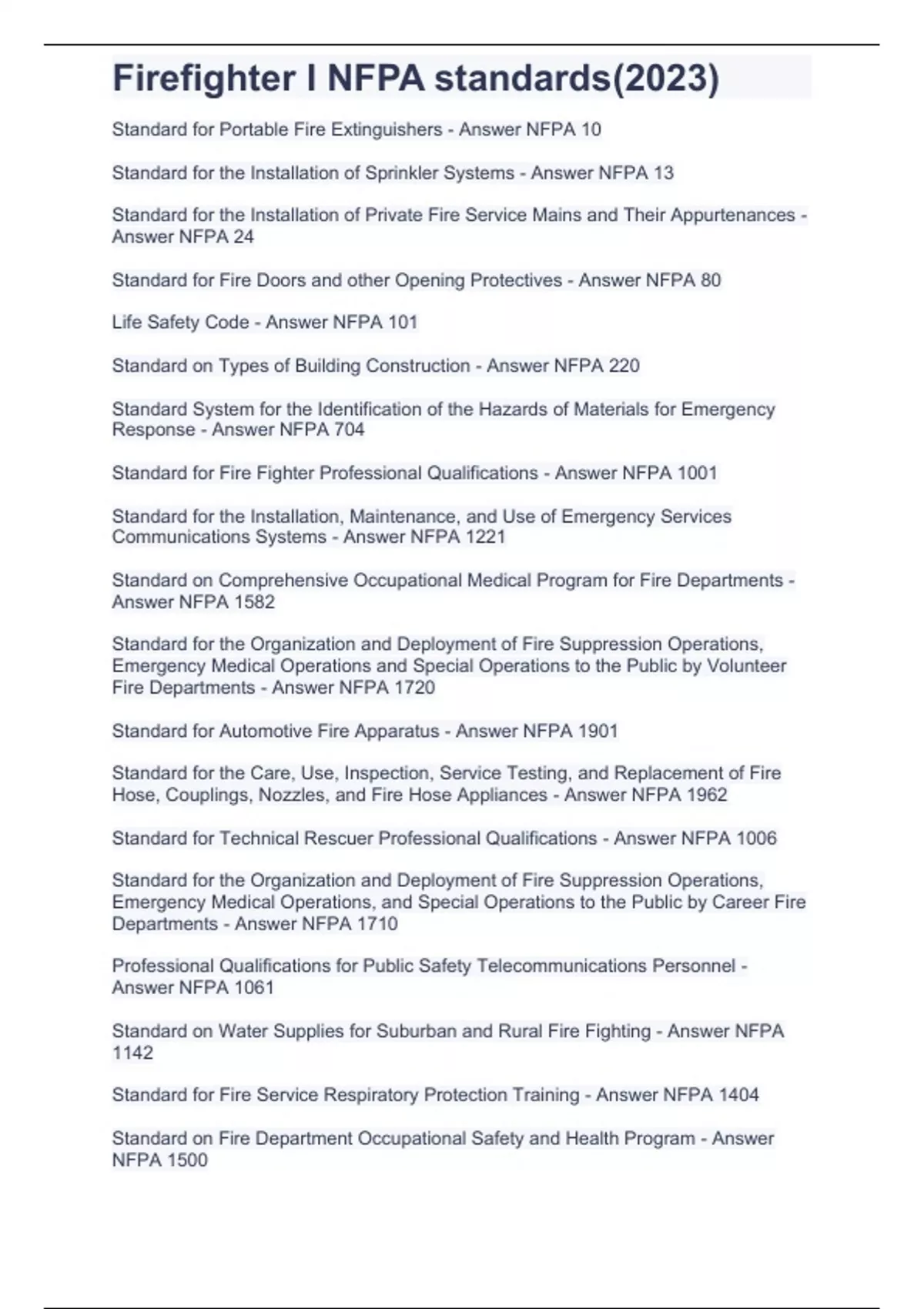 Firefighter I NFPA standards(2023) - NFPA - Stuvia US