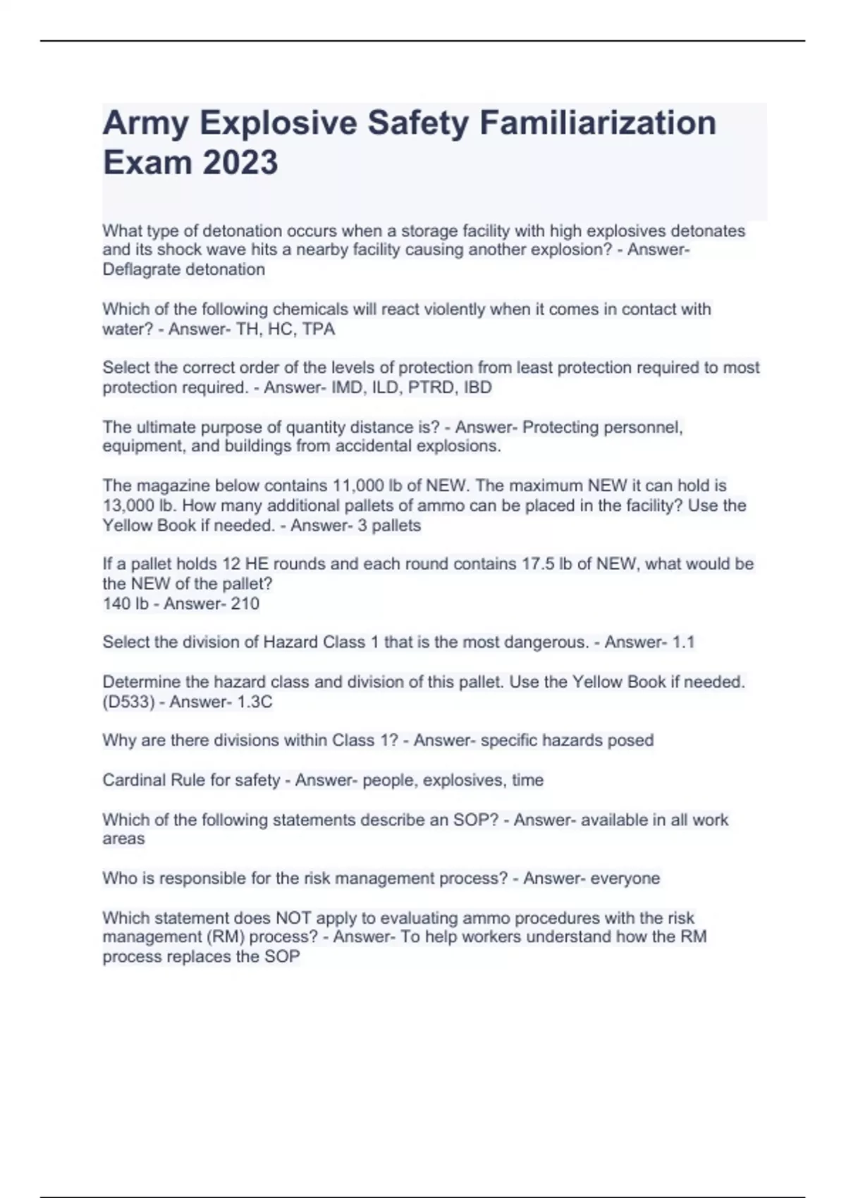 US Army Explosive Safety Exam Bundle - Stuvia US