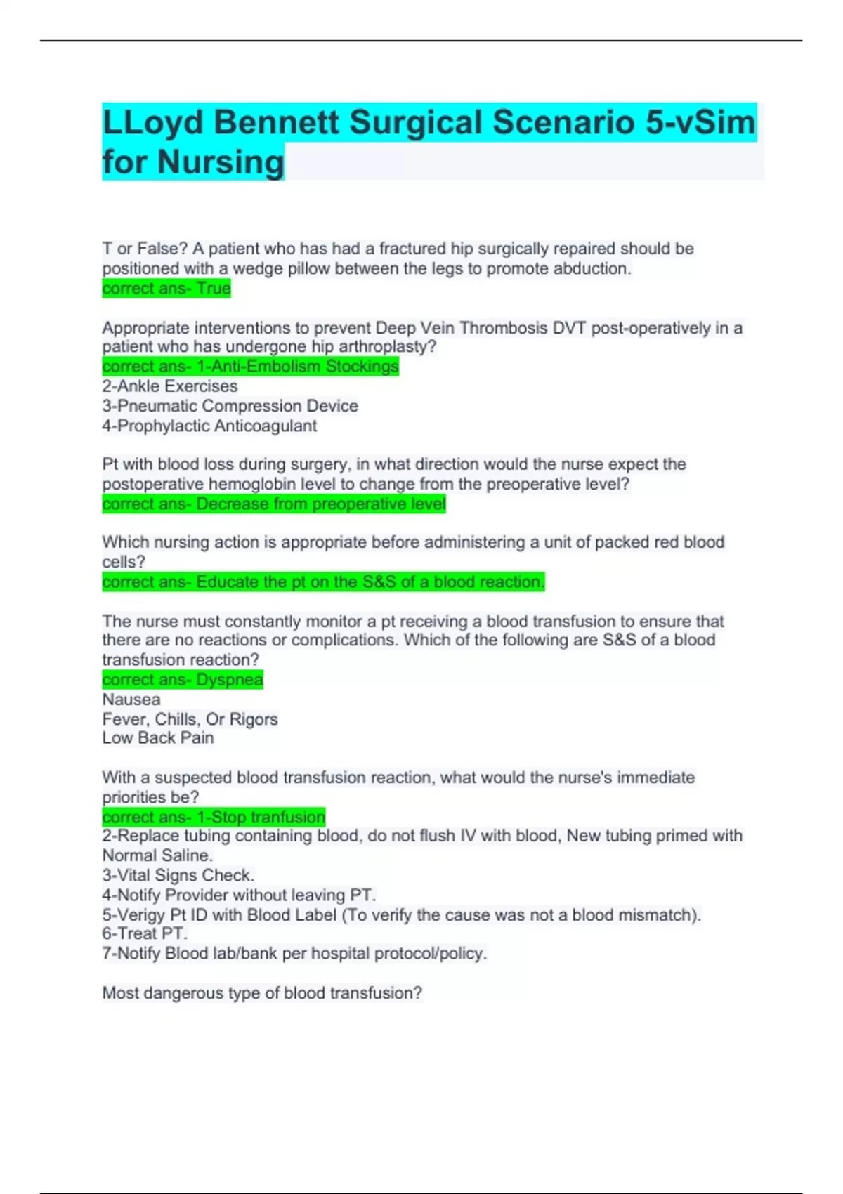 LLoyd Bennett Surgical Scenario 5-vSim for Nursing - LLoyd Bennett Surgical Scenario - Stuvia US