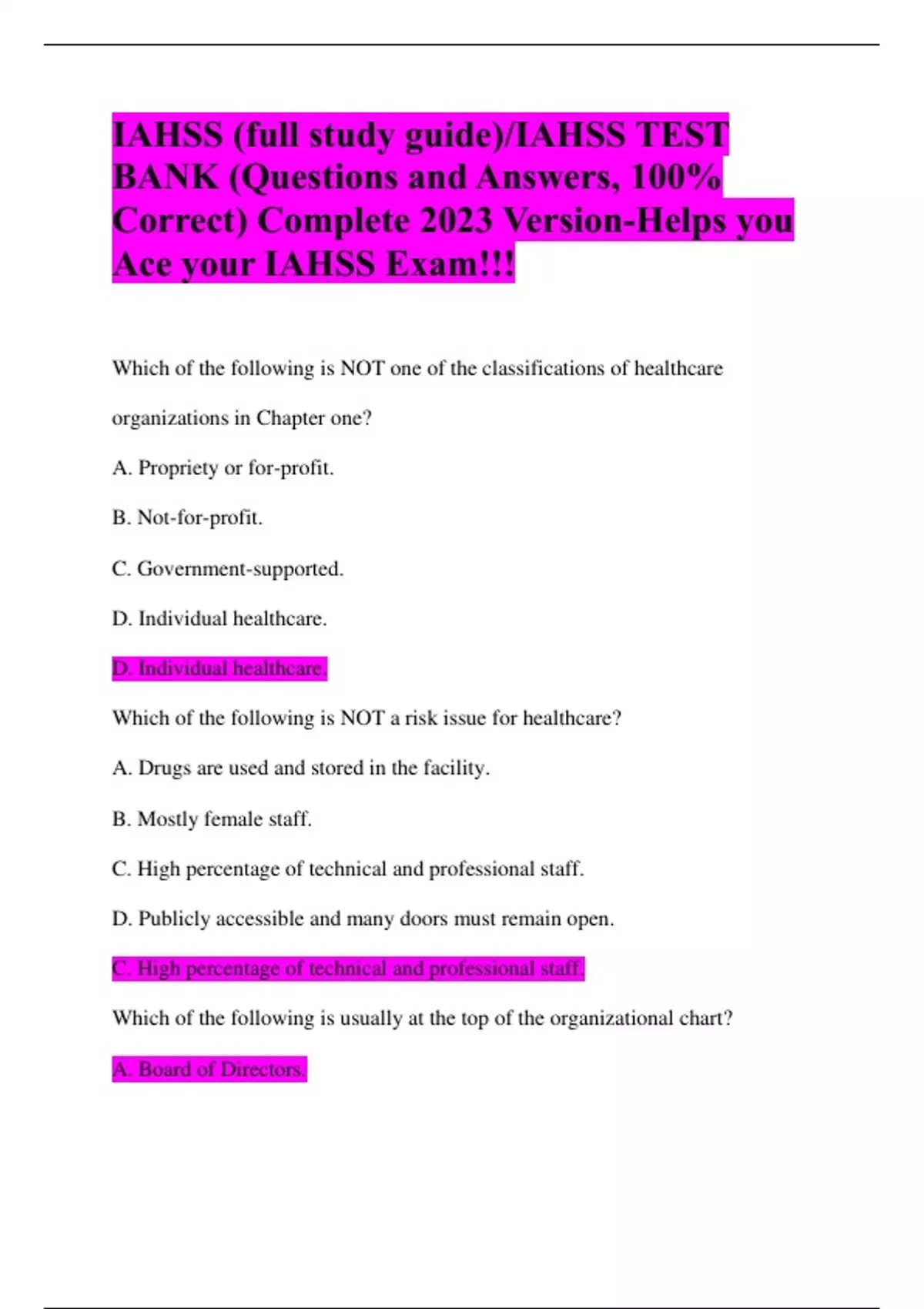 IAHSS (full study guide)/IAHSS TEST BANK (Questions and Answers, 100% ...