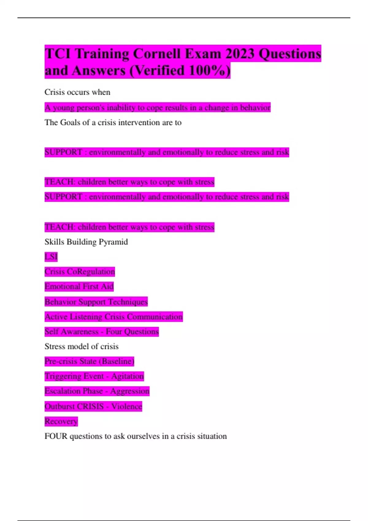 TCI Training Cornell Exam 2023 Questions and Answers (Verified 100%) - Tci - Stuvia US