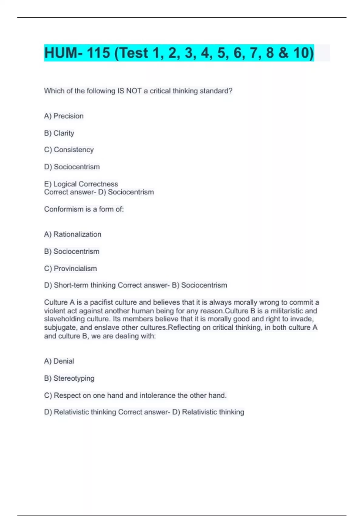 HUM- 115 (Test 1, 2, 3, 4, 5, 6, 7, 8 & 10) with complete solution ...