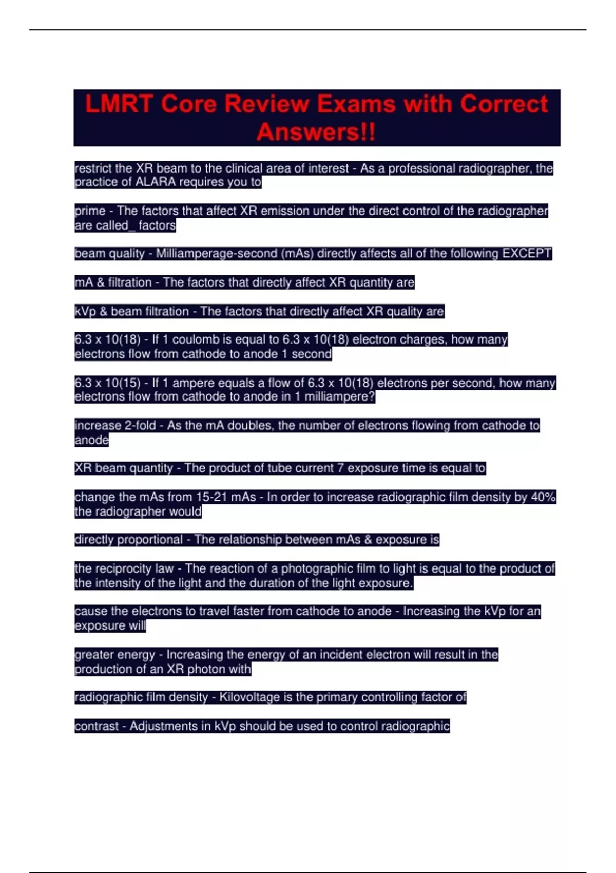 LMRT Core Review Exams with Correct Answers!! - LMRT Core - Stuvia US