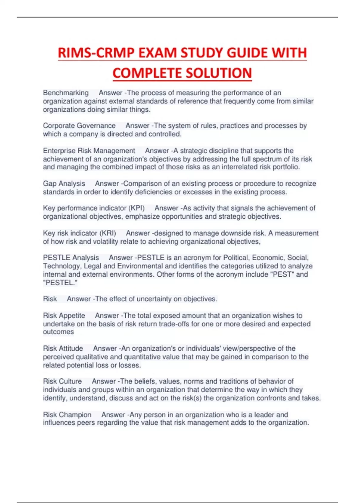 RIMS-CRMP EXAM STUDY GUIDE WITH COMPLETE SOLUTION - RIMS-CRMP - Stuvia US