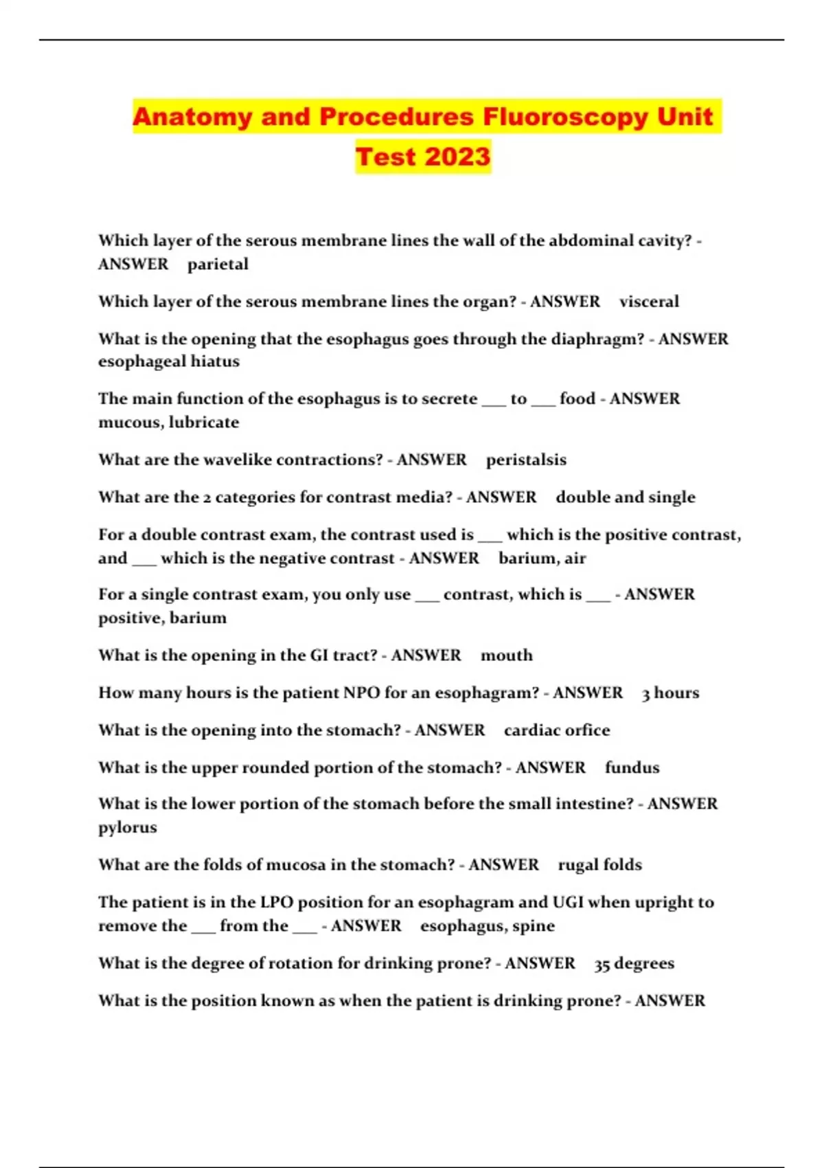 Anatomy and Procedures Fluoroscopy Unit Test 2023 - Anatomy and ...