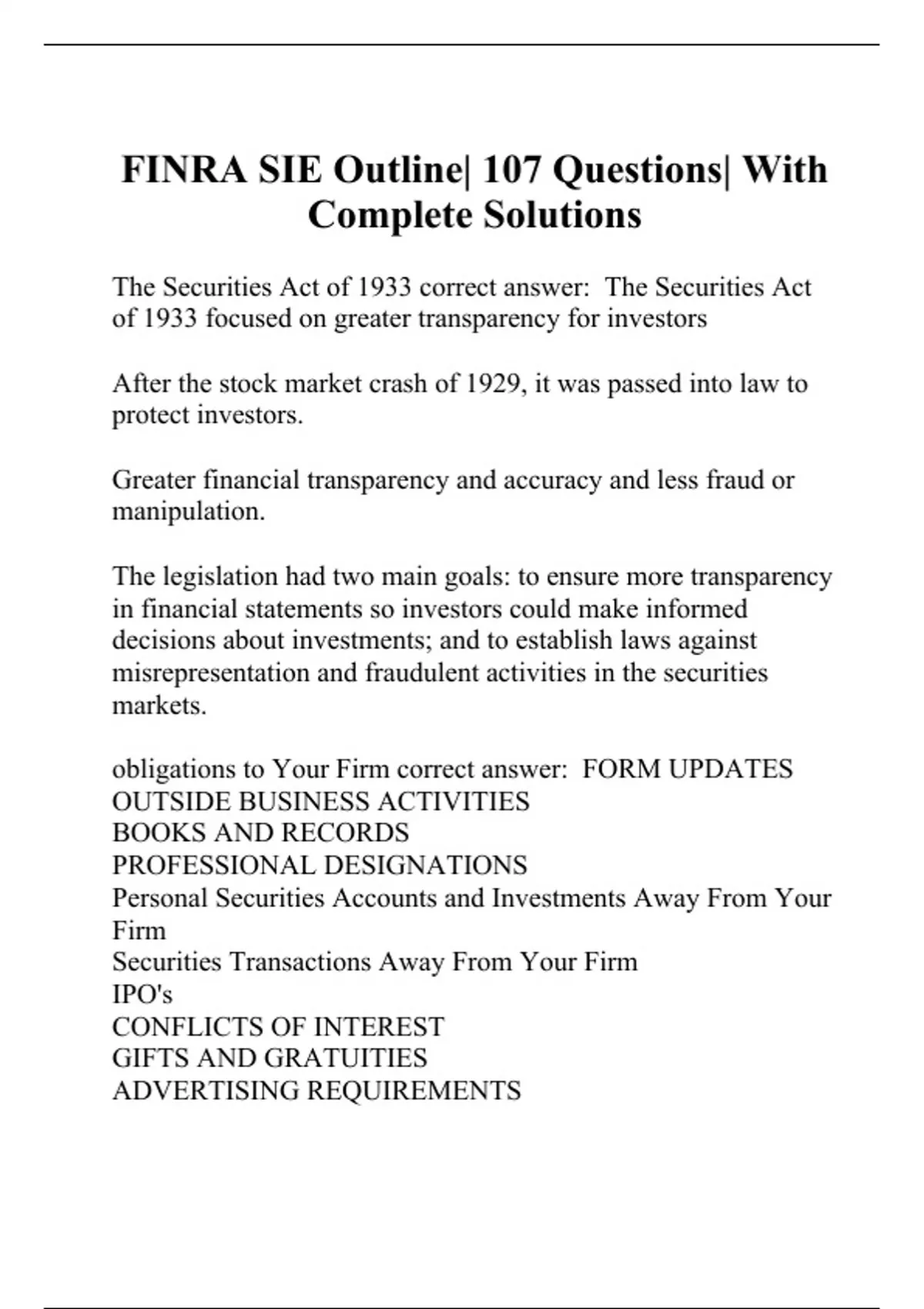 FINRA SIE Outline| 107 Questions| With Complete Solutions - SIE (SIE ...
