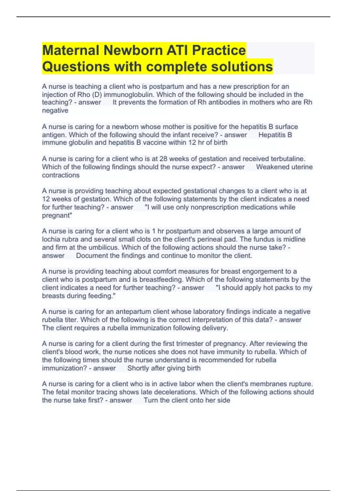 Maternal Newborn ATI Practice Questions with complete solutions - ATI ...