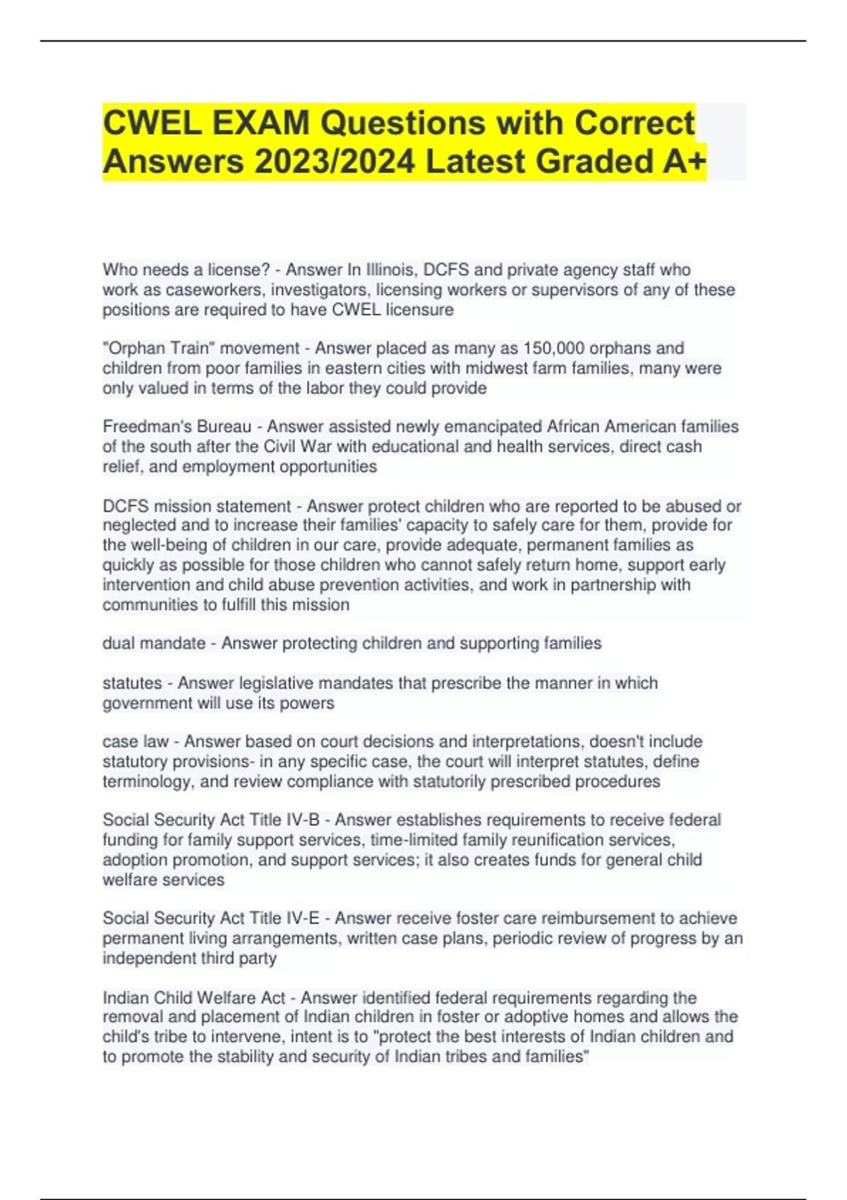 CWEL EXAM Questions with Correct Answers 2023/2024 Latest Graded A+ ...